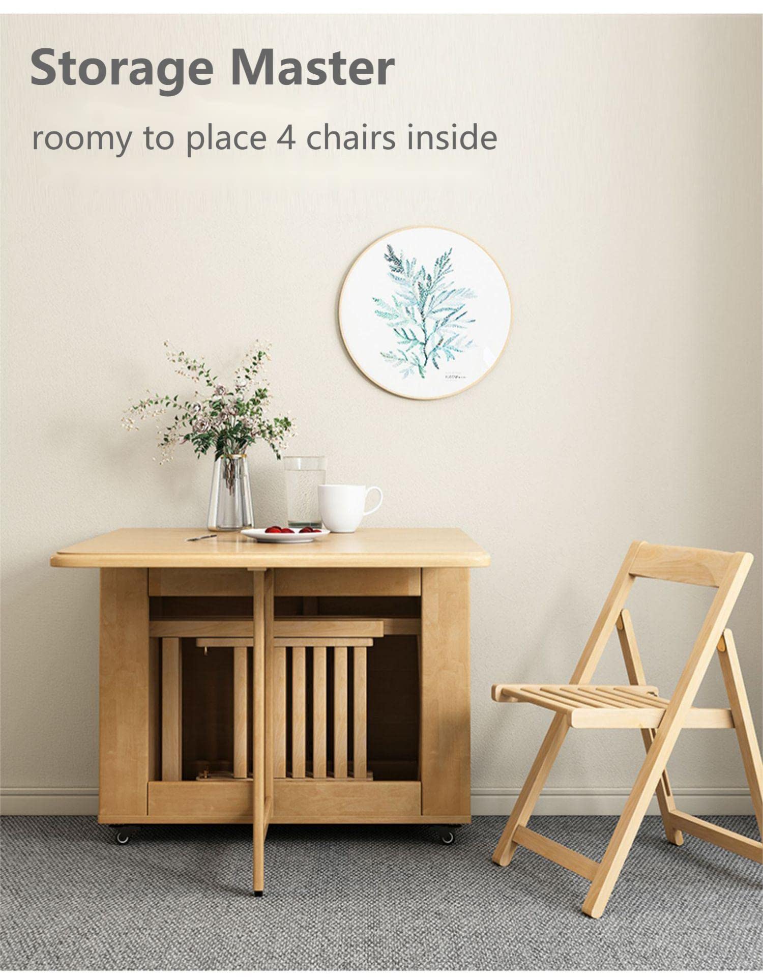 PIAQIA Folding Dining Table, Convertible Drop-Leaf Kitchen Table with Storage, Space Saving Foldable Dinner Table for 4-6, 55" W x 32" D x 29" H, Natural, 1 Table (NO Chairs Included)