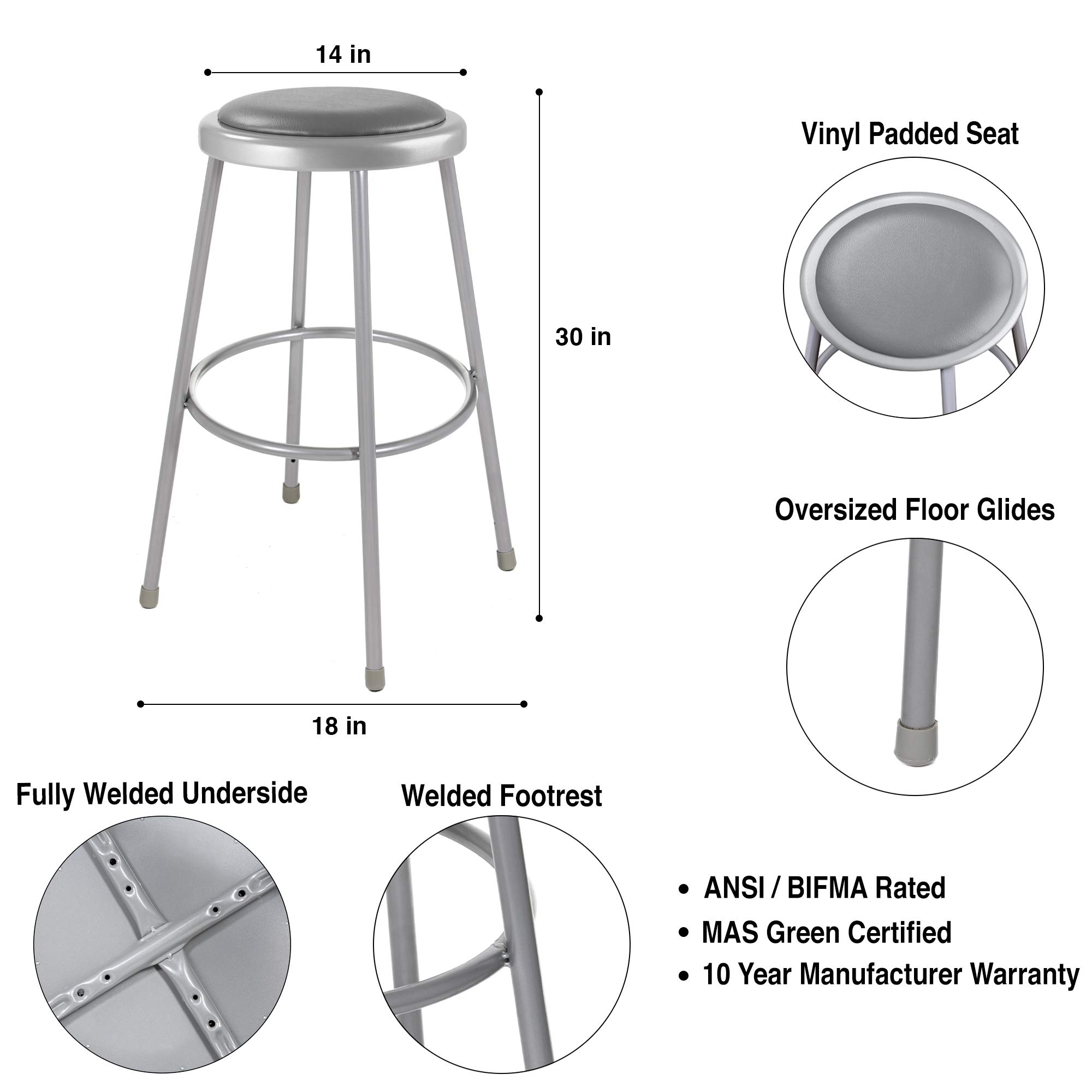 OEF Furnishings (2 Pack) Grey Vinyl Padded Stool, 30" High No Assembly Required