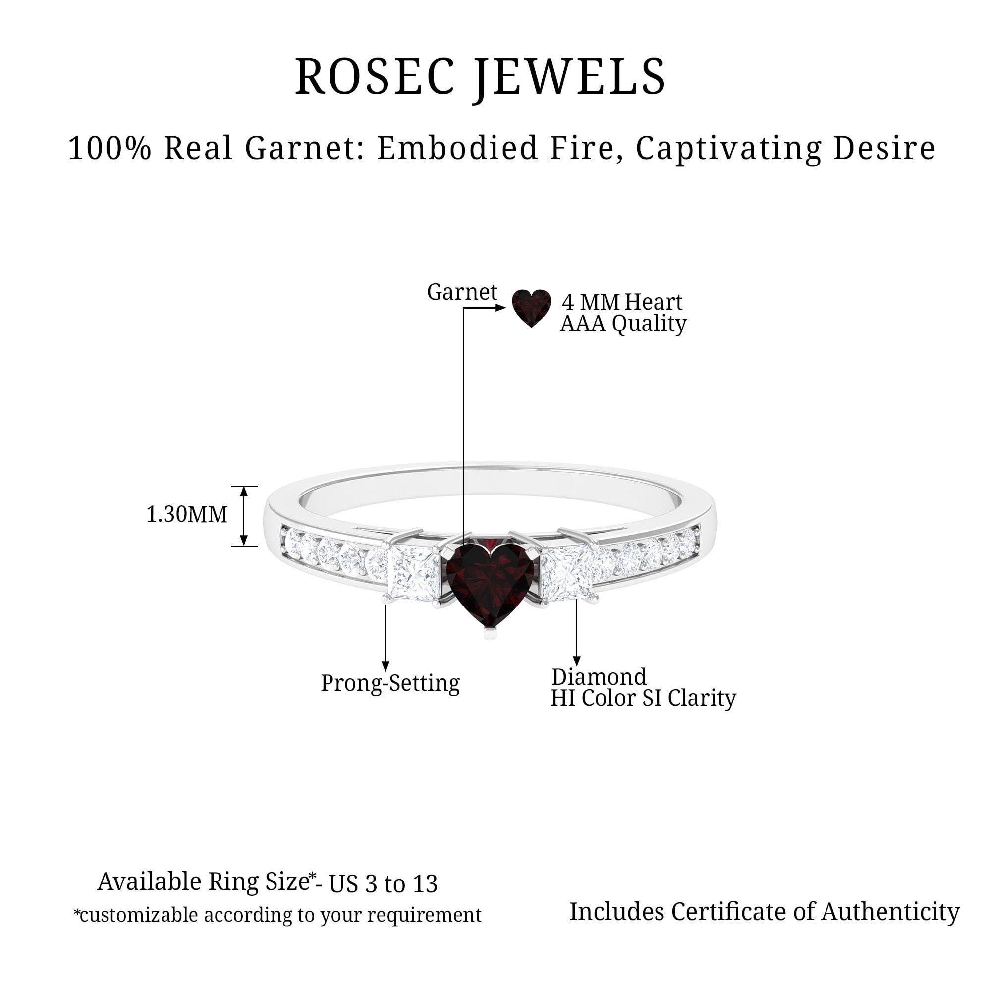 Rosec Jewels 0.75 Cttw Heart Garnet Anniversary Ring with Diamond for Women (AAA Quality), 14K White Gold, Size:US 9.00
