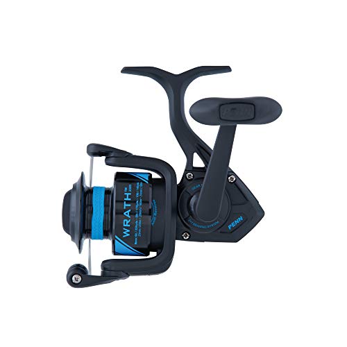 PENN Wrath Spinning Inshore Fishing Reel, Oil Felt Front Drag, Max of 10lb | 4.5kg, Made with a Lightweight, Corrosion-Resistant Graphite Body, Black, Blue, 2500