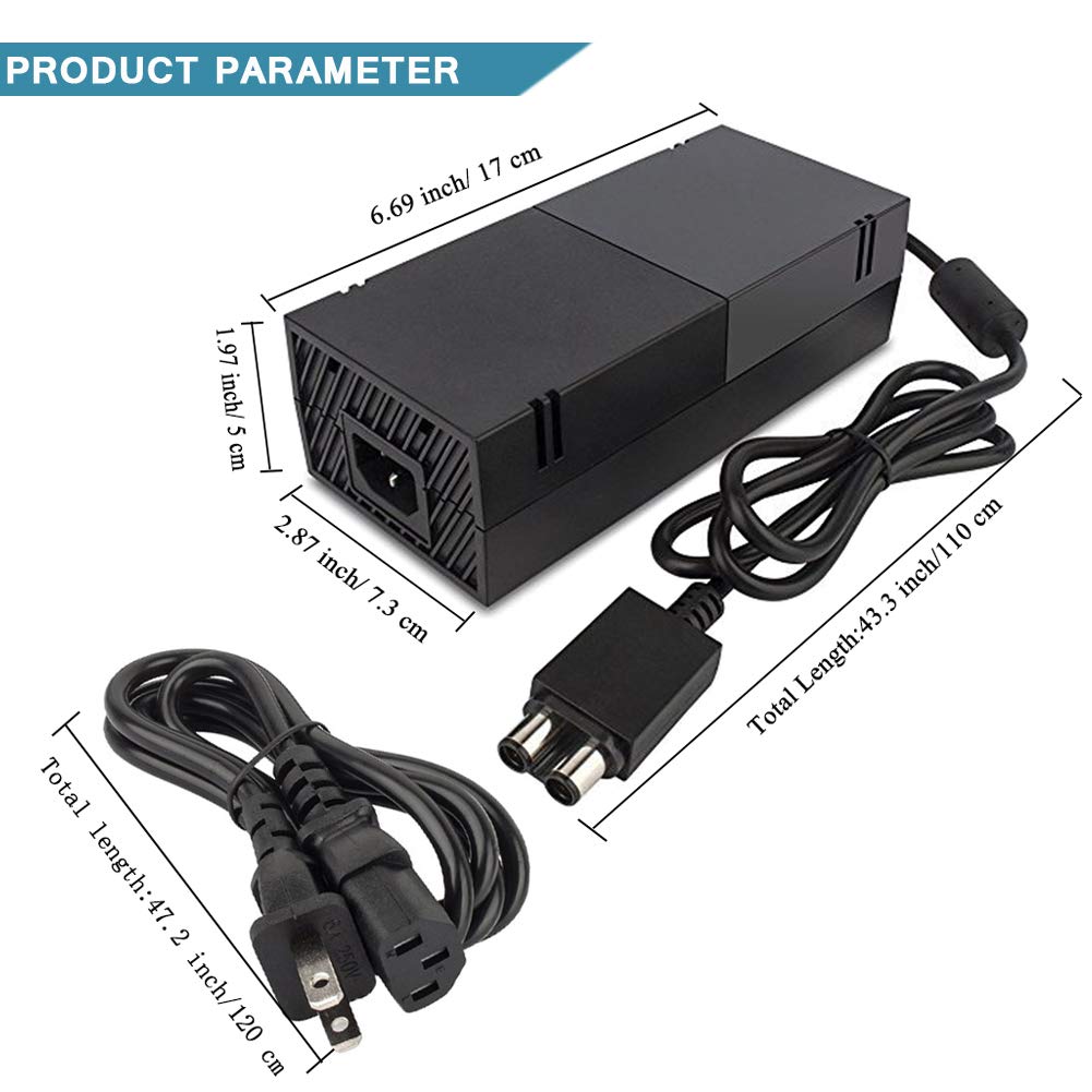 Power Supply Brick for Xbox One, [Quiet Version] AC Adapter Power Supply Cord Replacement for Xbox One Console 100-240V Charger Accessory Kit with Cable (Black)
