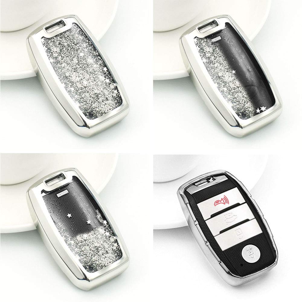 Senauto Quicksand Key Fob Cover Case Keychain for Kia Smart Keyless Entry Remote Key (Silver)