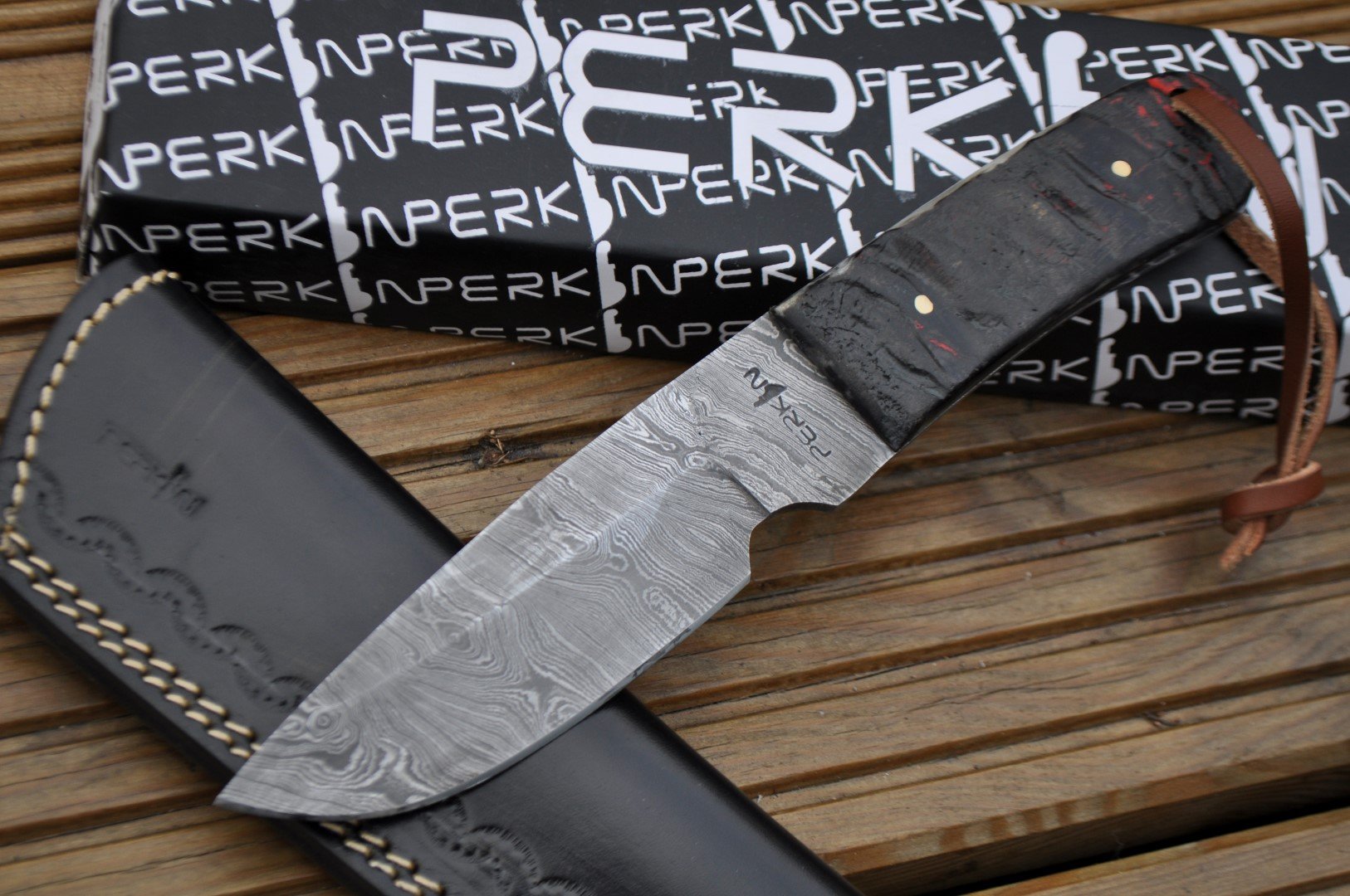Perkin Handmade Damascus Steel Knife - Hunting Knife - Ram's Horn Handle- Full Tang - Amazing Value