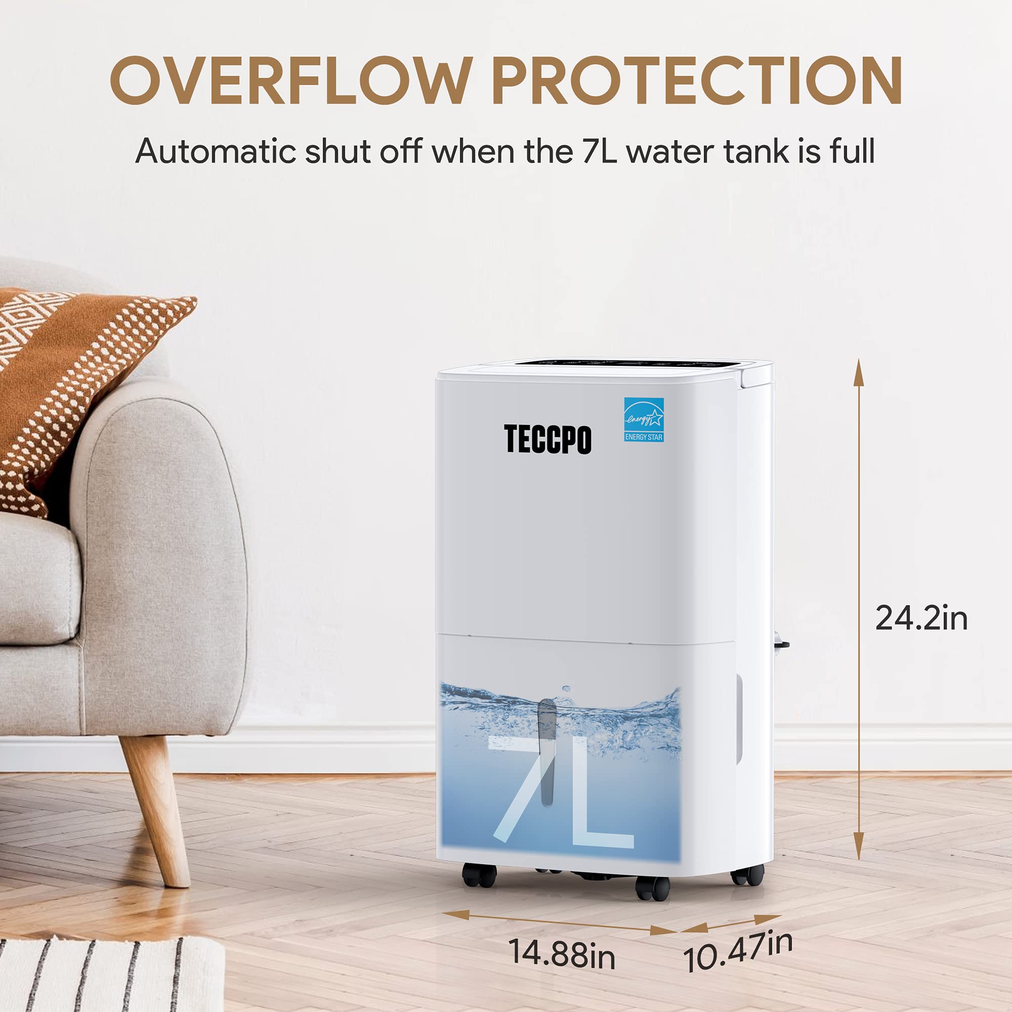 TECCPO 4500 Sq.Ft Dehumidifier, 50 Pint Dehumidifier for Home and Basements, Intelligent Humidity Control, Continuous Draining