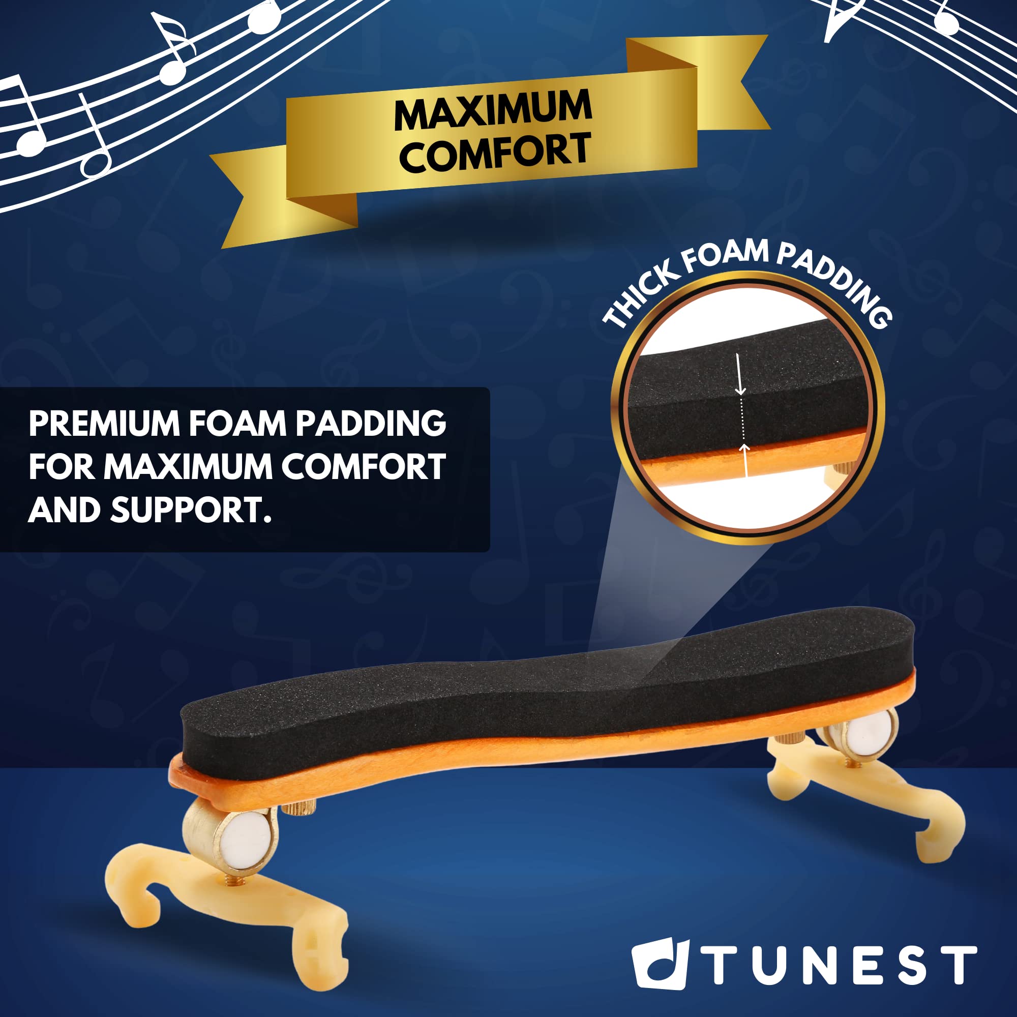 TUNEST 3/4-4/4 Size Violin Shoulder Rest - Solidwood Viola Shoulder Rest with Collapsible and Height Adjustable Feet with Thick Padded Foam for Firm Hold