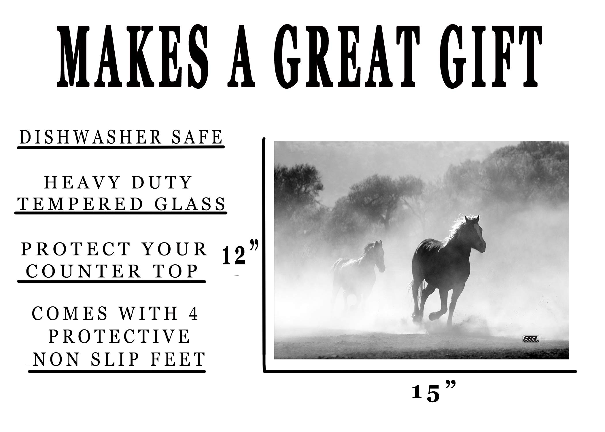 Wild Running Horses Black and White Art Kitchen Glass Cutting Board Decorative Gift Design