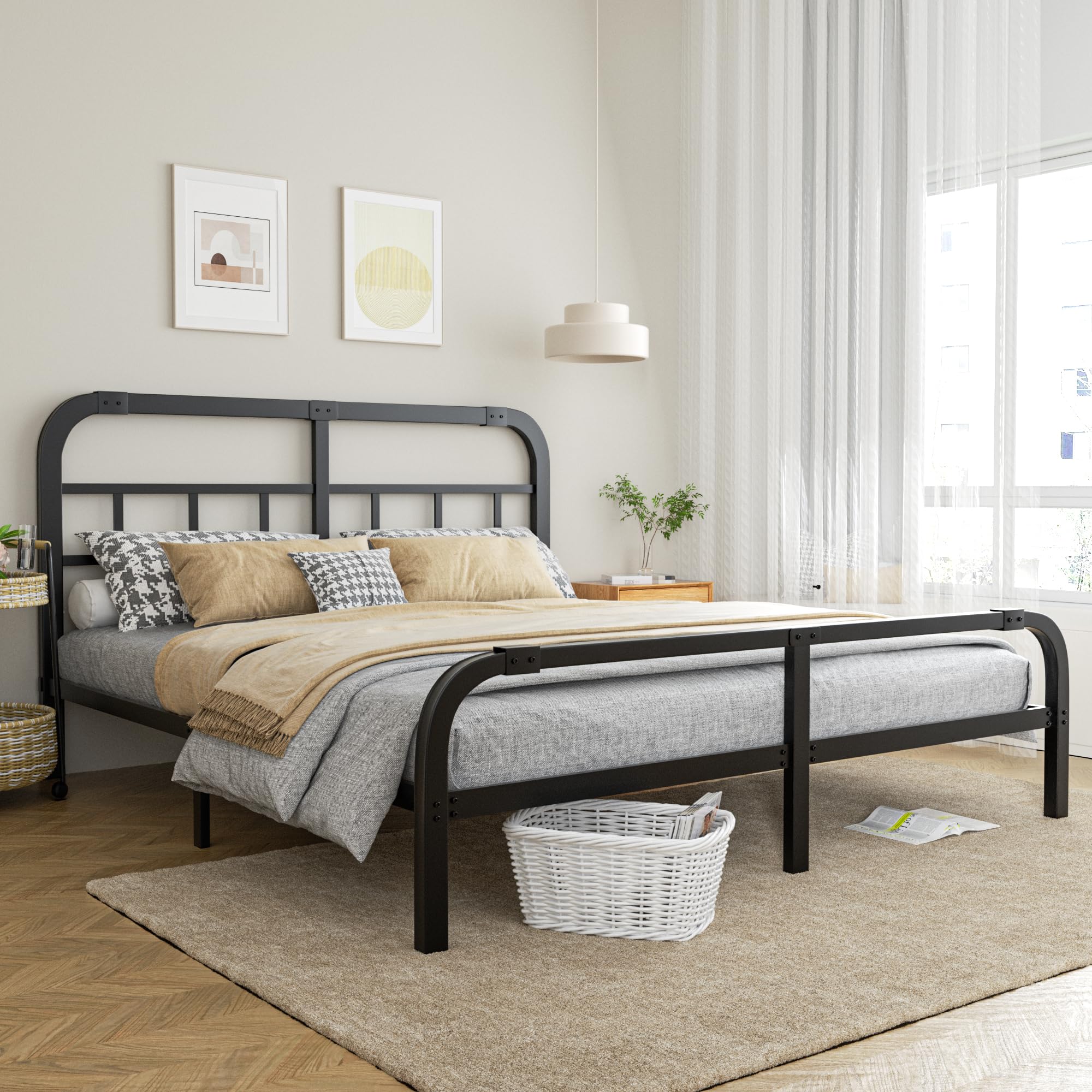 ONEMO 14 Inch King Bed Frame with Headboard and Footboard Metal Platform Bed Frames Heavy Duty Mattress Foundation Quiet and Anti-Slip No Box Spring Needed Black