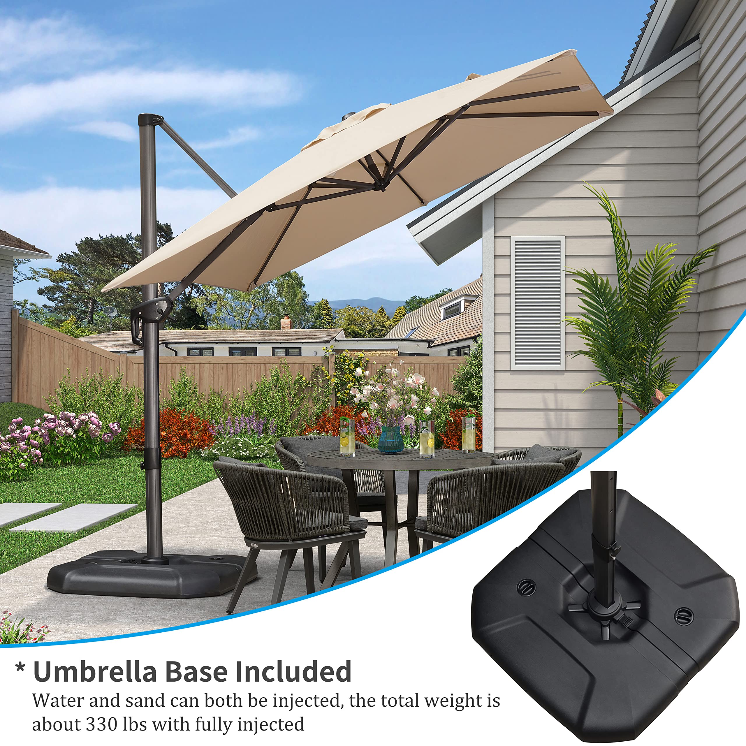 PURPLE LEAF 8 Feet Square Cantilever Umbrella Patio Umbrella with Base Outdoor Umbrella Aluminum Offset Umbrella with 360-degree Rotation for Garden Deck Pool Patio, Beige