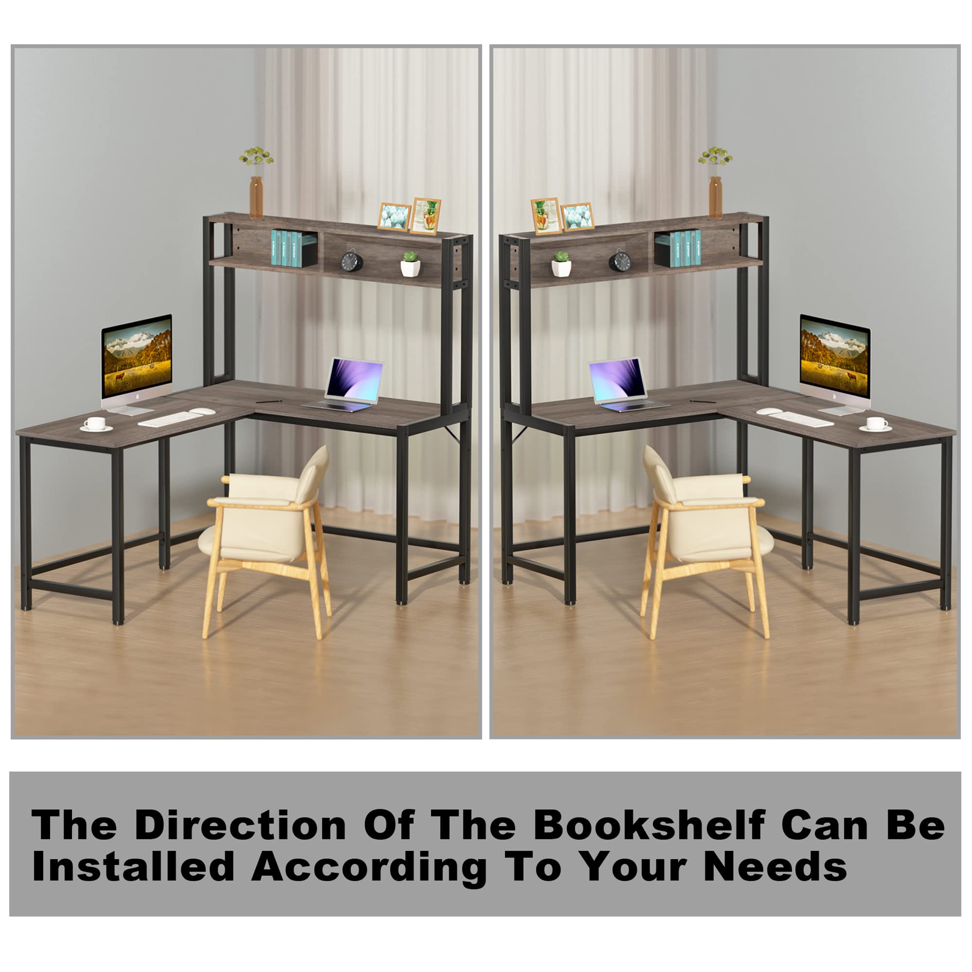 TechLand L Shaped Desk with Hutch, 55 Inch Corner Computer Desk Gaming Table Workstation with Storage Shelves Bookshelf, Study Writing Space Saving Desk for Home Office Grey SMDK006GR 0