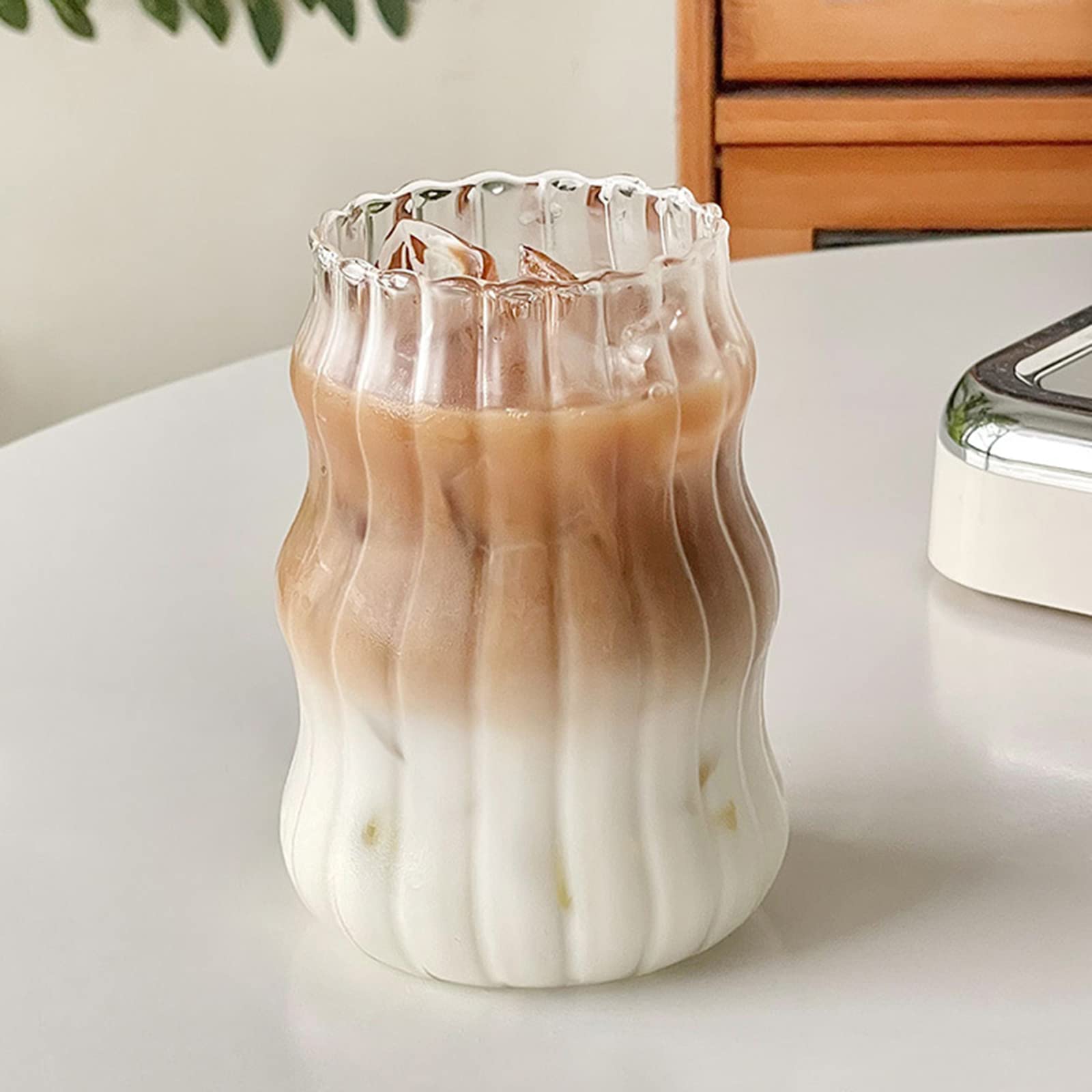 URMAGIC 2 Pcs Vintage Drinking Glasses,18 Oz Ripple Glass Cups,Gourd Shape Iced Coffee Glasses,Wave Shape Glasses,Ribbed Glassware for Juice,Beer,Beverage,Water,Dessert Ice Cream Cups (A)