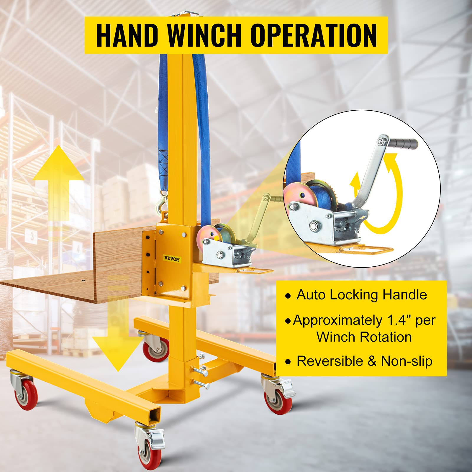 VEVOR Manual Winch Stacker, 9.4" - 72" Height Range, 19.7" Length x 15.7" Width Platform, Steel Lite Load Lift Winch, Hand Winch Lift Truck, 331 lbs Capacity Material Lift for Shipping Facilities