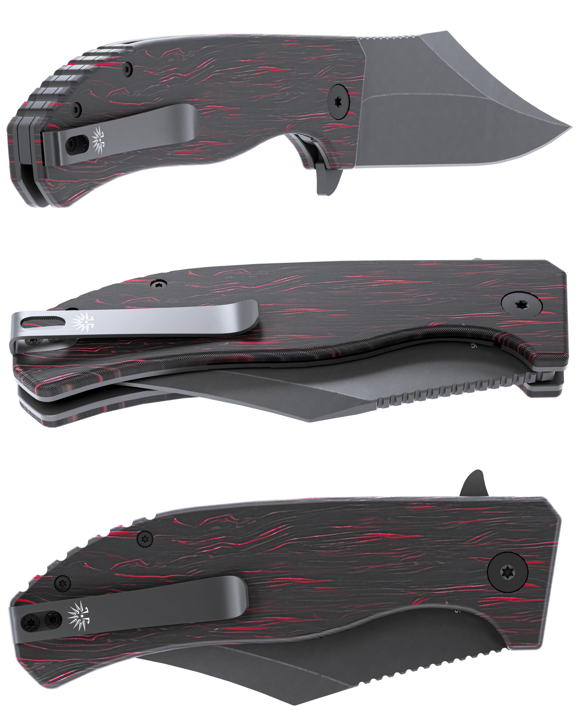 Off-Grid Knives - Caiman XL Red Dawn Edition, Folding Knife with Large Bowie Blade, Sandvik 14C28N Steel, Red & Black G10 Scales, Deep Carry Clip, Left & Right Carry