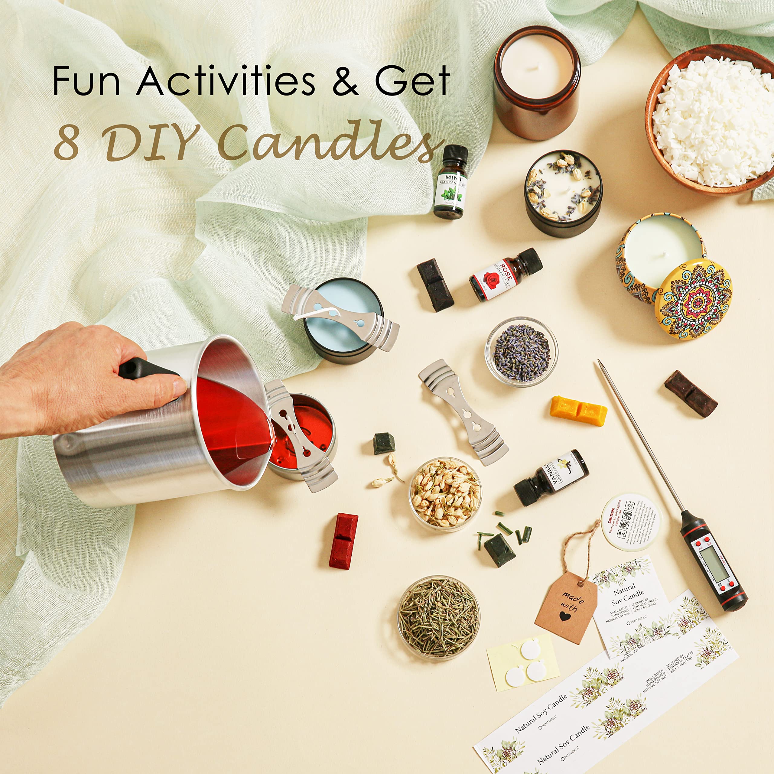 PentaBell Premium Soy Candle Making with DIY Starter Set - Natural Candles, All-Inclusive Kit, Various Scents & Designs, Suitable for All Ages, and Comprehensive Components