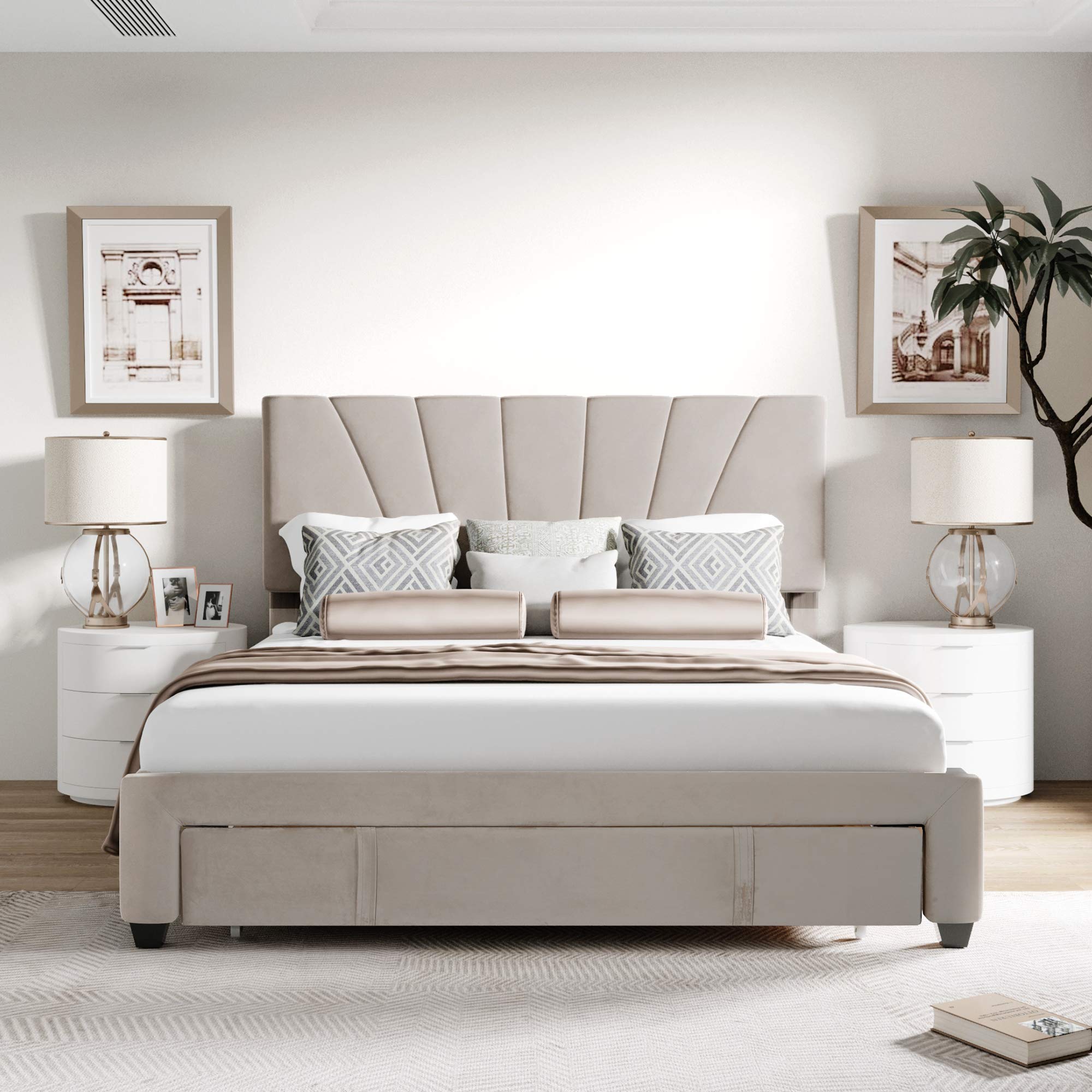 Oudiec Queen Size Platform Bed with Drawer,Velvet Upholstered Home Furniute w/Headboard for Kids/Adult Bedroom,Easy to Assemble,No Box Spring Needed,Beige