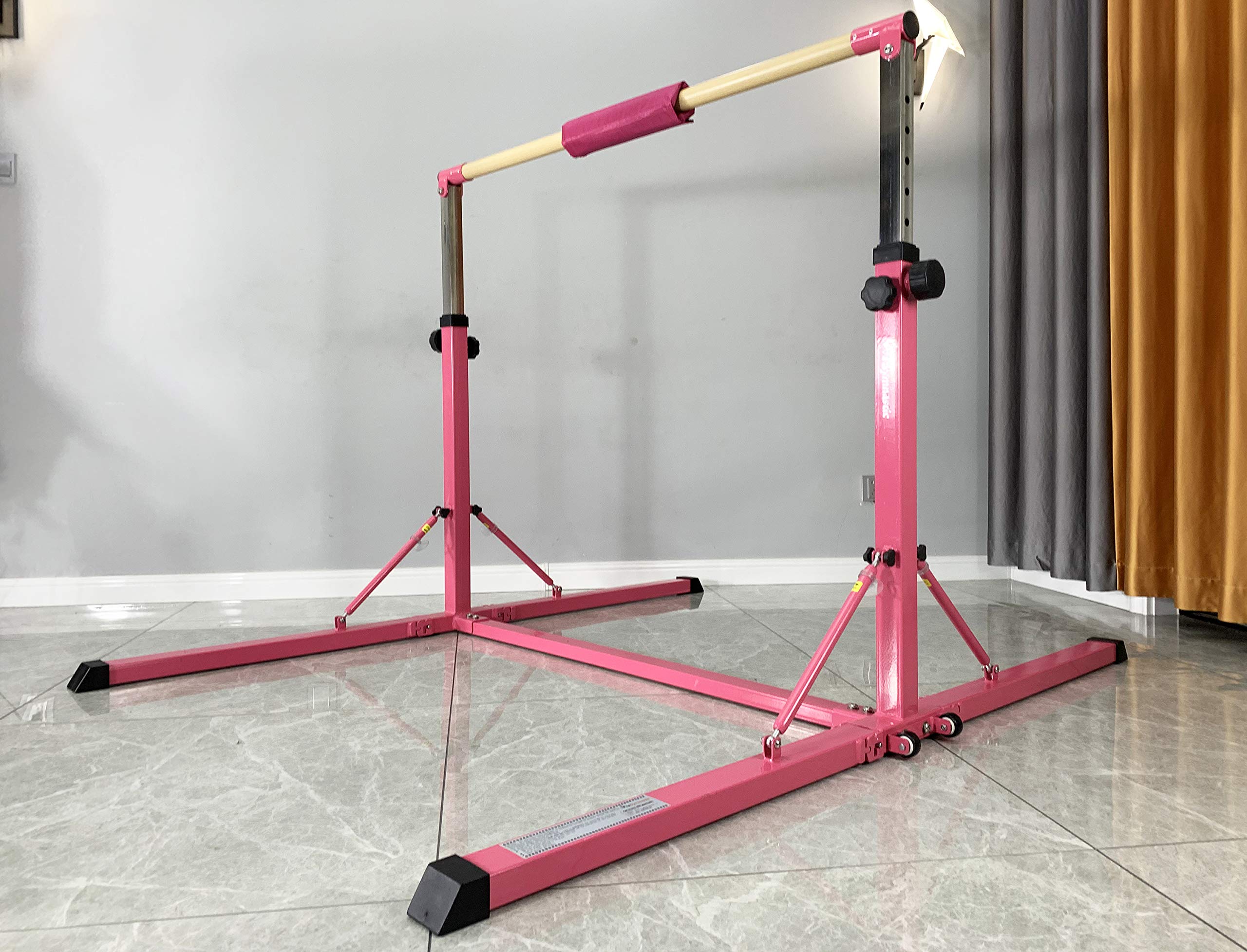 PreGymnastic Folding Junior Training Bar/Horizontal Training Bar Kip Bar Stainless Steel Regulating Arm & Strong Fiberglass Rail (Hot Pink)