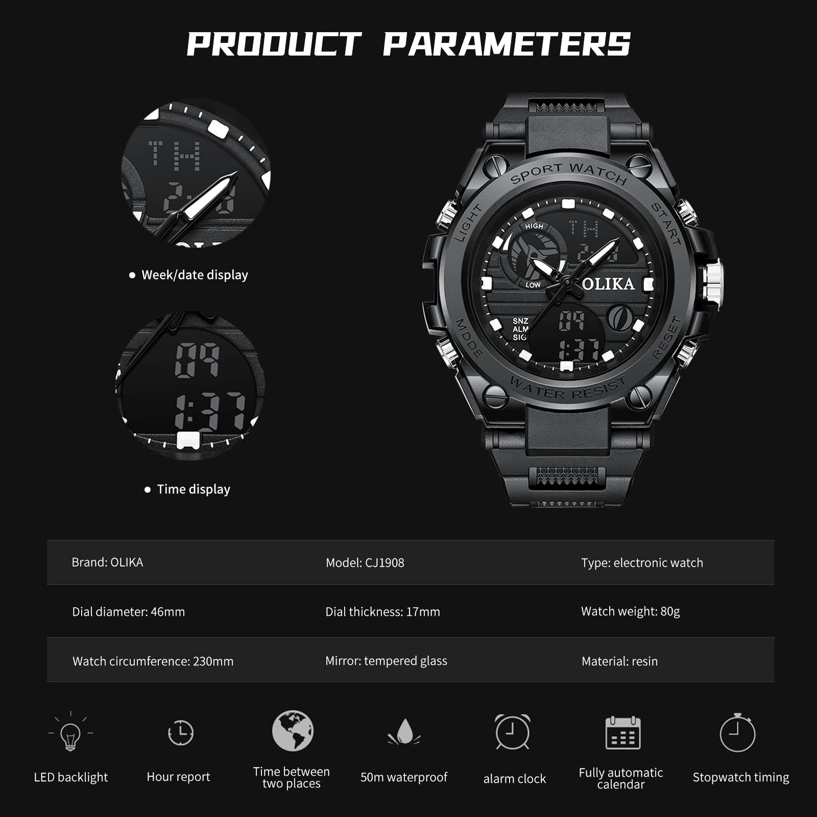 Olika Mens Sport Watches Outdoor Military Waterproof Digital Watches - LED Backlight Date Multi Function Tactics Watch