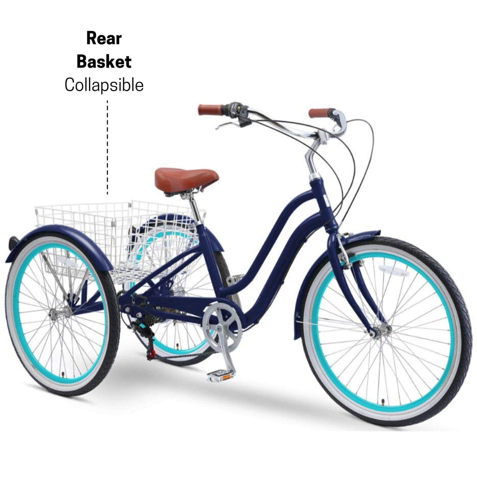 sixthreezero EVRYjourney 26 Inch 7-Speed Hybrid Adult Tricycle with Rear Basket, Navy, One Size (630333)