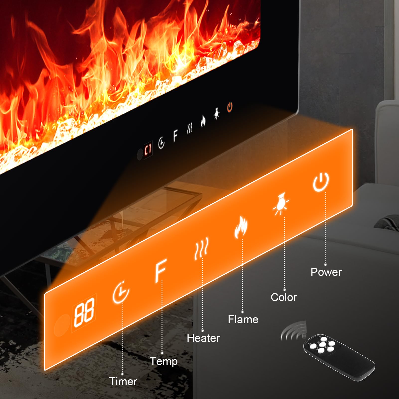 ROCSUMOO 60" Recessed and Wall Mounted Electric Fireplace, Low Noise, Remote Control with Timer,Touch Screen,Adjustable Flame Color and Speed, 750-1500W