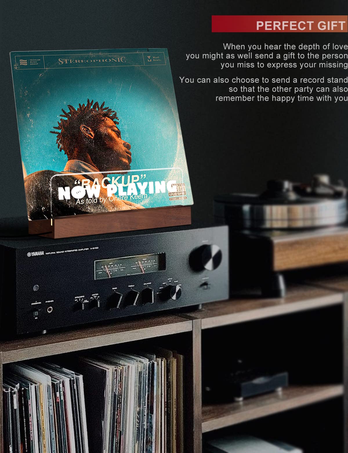 POSVIU Now Playing Vinyl Record Stand - LED Lighting Display, Solid Walnut & Acrylic,Vinyl Record Holder for LP Albums, Warm Lights (Walnut)