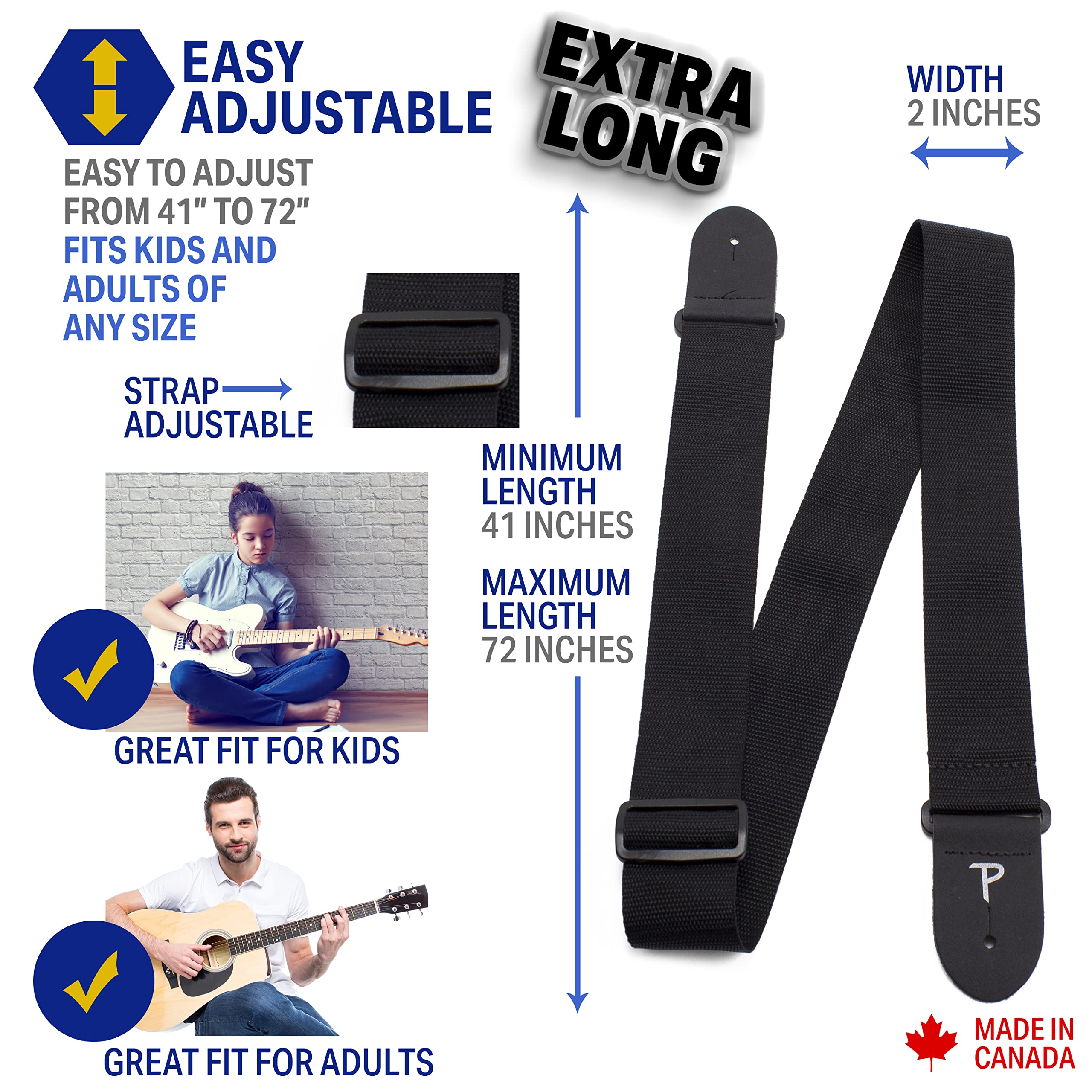 Perri's Leathers, Nylon Guitar Strap with Leather Ends, Black, Anti-Slip, Classic, Suitable for Each Level, Standard Size, 56 Inch Compatible with All Button Lock Systems