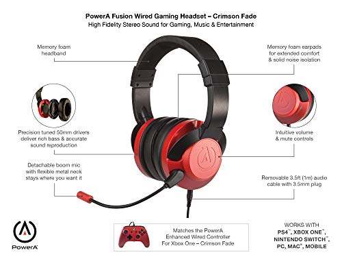 PowerA Fusion Wired Stereo Gaming Headset with Mic for PlayStation 4, Xbox One, X, Xbox One S, Xbox 360, Nintendo Switch, PC, Mac, VR, Android, and iOS - Crimson Fade - Xbox 360; Xbox