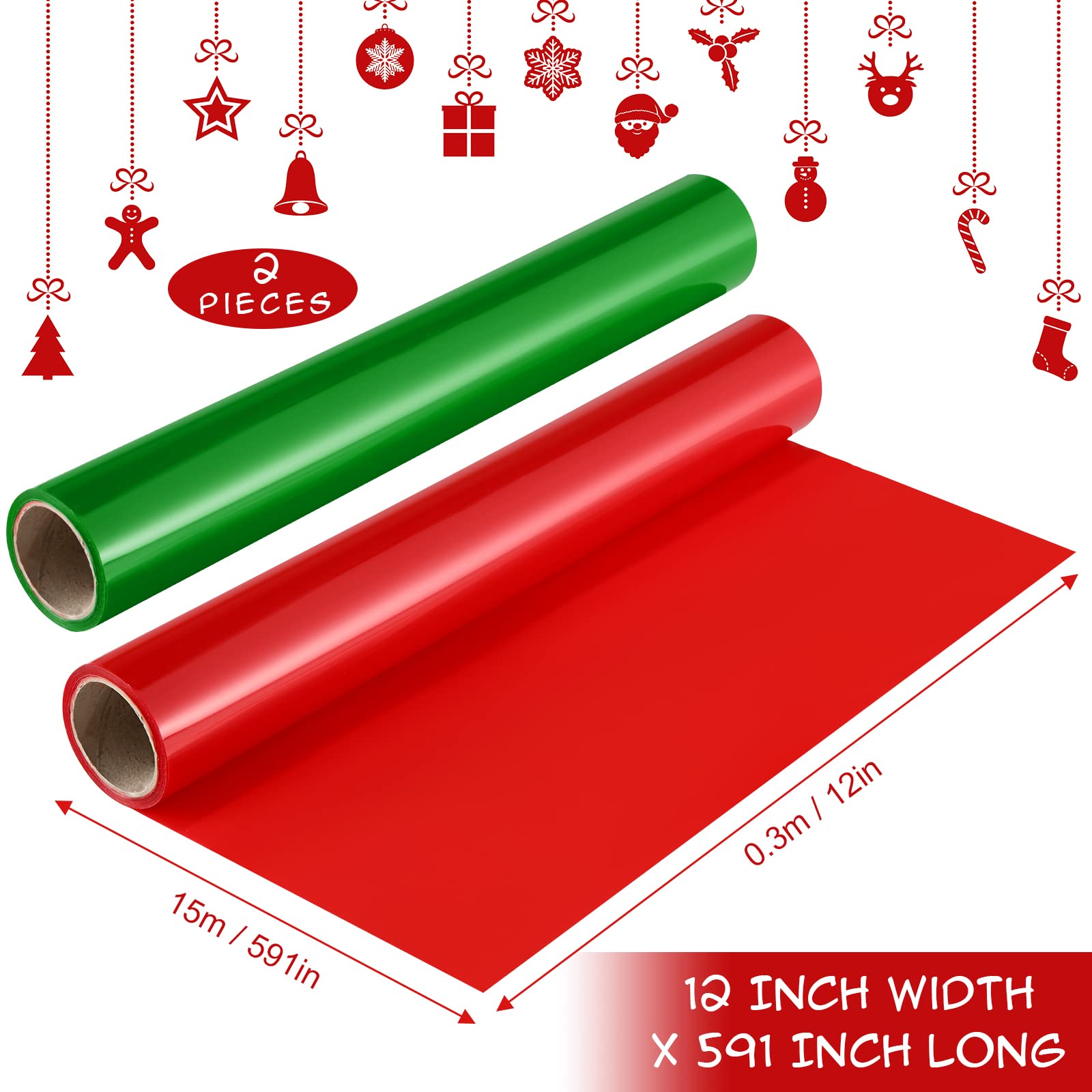 Outus 2 Rolls Christmas Cellophane Wrap Roll Clear Cellophane Wrap 12 x 591 Inch Wide Cellophane Wrap Red Green Clear Wrapping Paper for Xmas DIY Craft Present Wrap