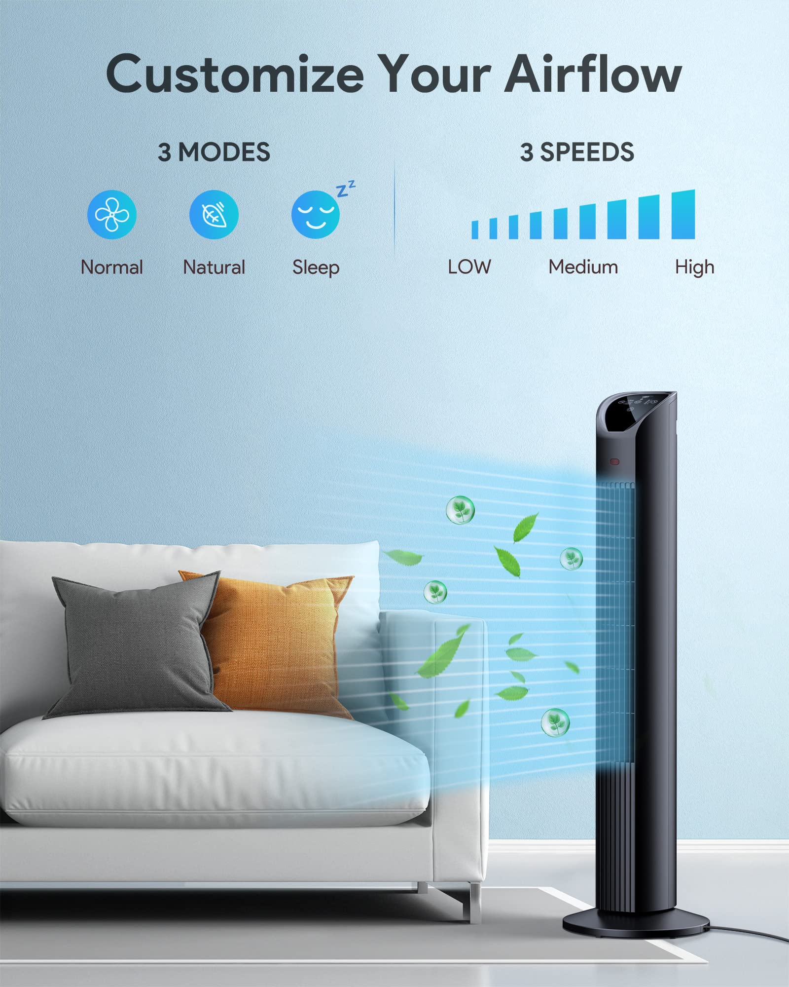 Tower Fan with Remote, Oscillating Fan Features 3 Modes 3 Speed, 75° Oscillation Standing Fans, Auto-off Backlight and 12H Timer, Portable Floor Bladeless Fan for Bedroom, Home and Office, Black