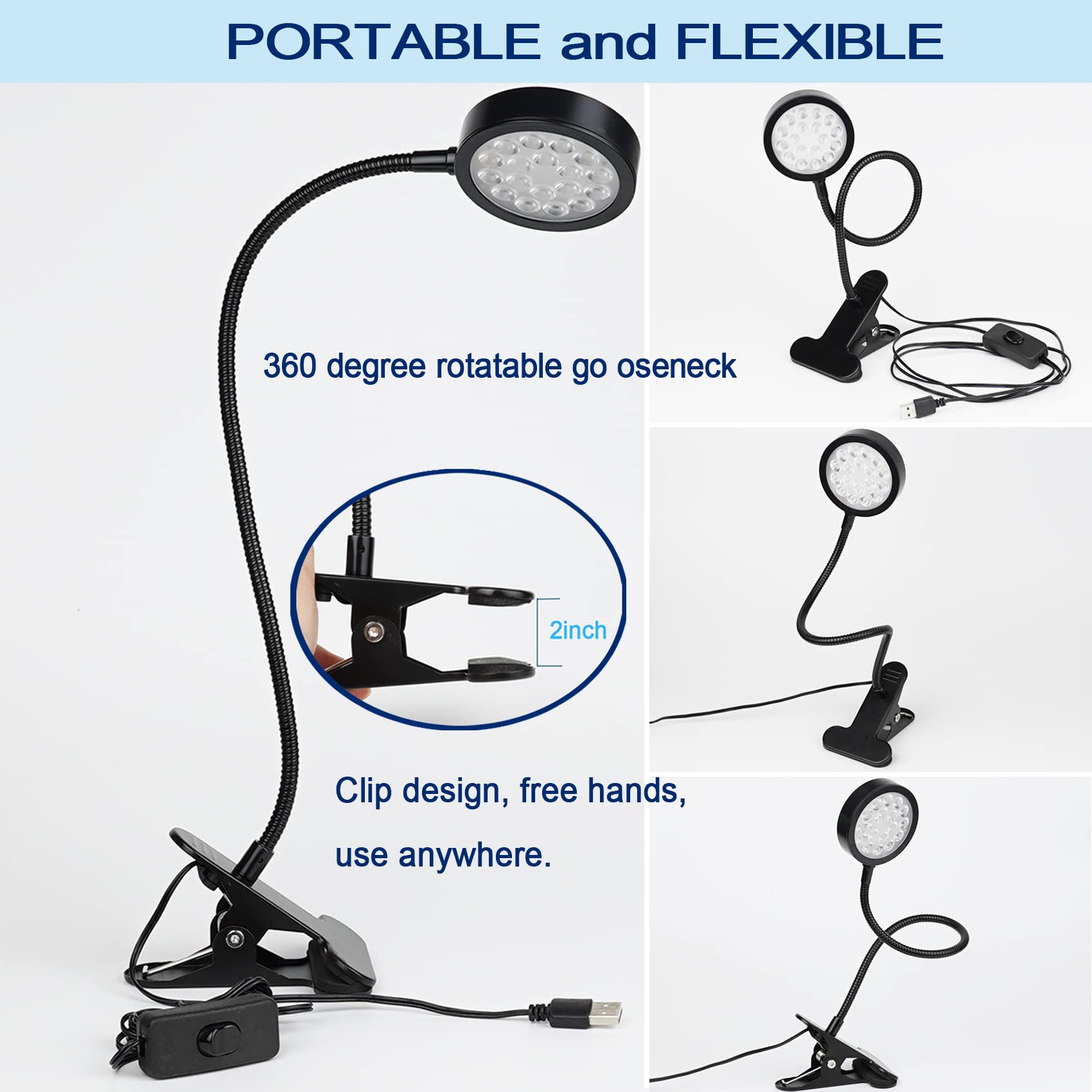 UV LED Black Light Clamp Light with USB, Upgraded 5W 395nm Portable Gooseneck Lamp with Clip for UV Gel Nail, Pet Urine Detection,UV Glue Curing, Blacklight Posters, Fluorescent Paint, Resin Art