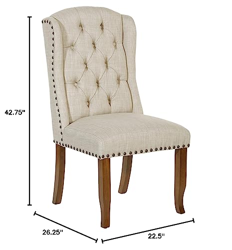OSP Home Furnishings Jessica Button Tufted Wingback Upholstered Dining Chair with Wood Legs, Linen Fabric