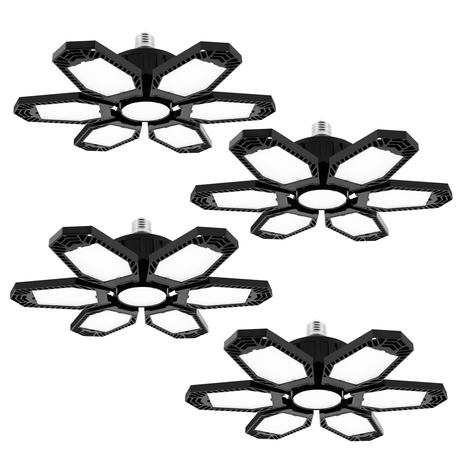 OUSHASAA 4-Pack 150W LED Garage Lights Ceiling, 15000LM 6500K Bright LED Shop Lights, Deformable E26/27 Screw in Garage Lights with 6+1 Adjustable Panels for Workshop, Basement, Barn, Warehouse