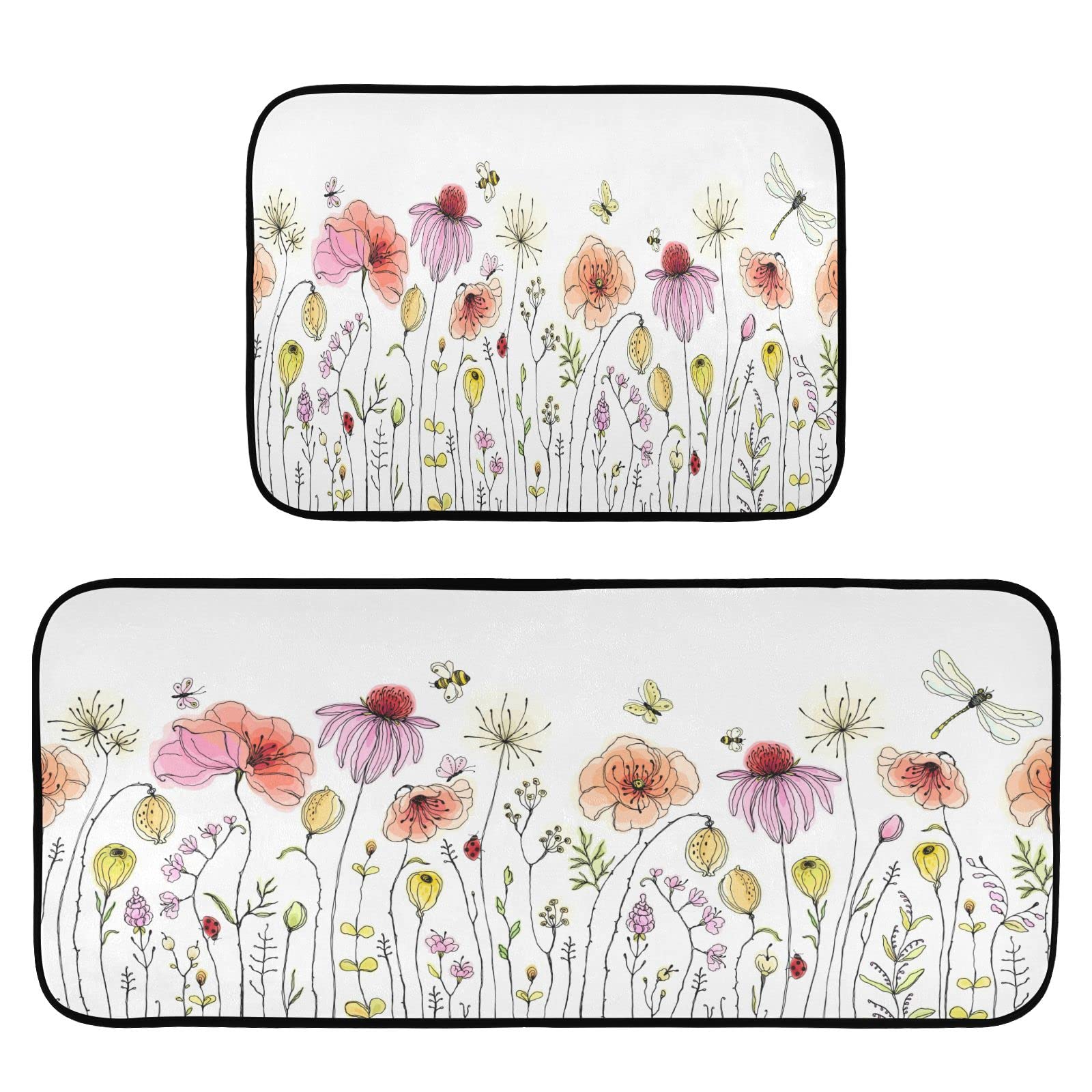 xigua 2 Piece Colorful Wildflowers Anti-Fatigue Kitchen Rug, Waterproof Non-Slip Kitchen Mats and Comfort Elastic Cotton Interlayer Rug for Kitchen, Floor Home, Office, Sink, Laundry
