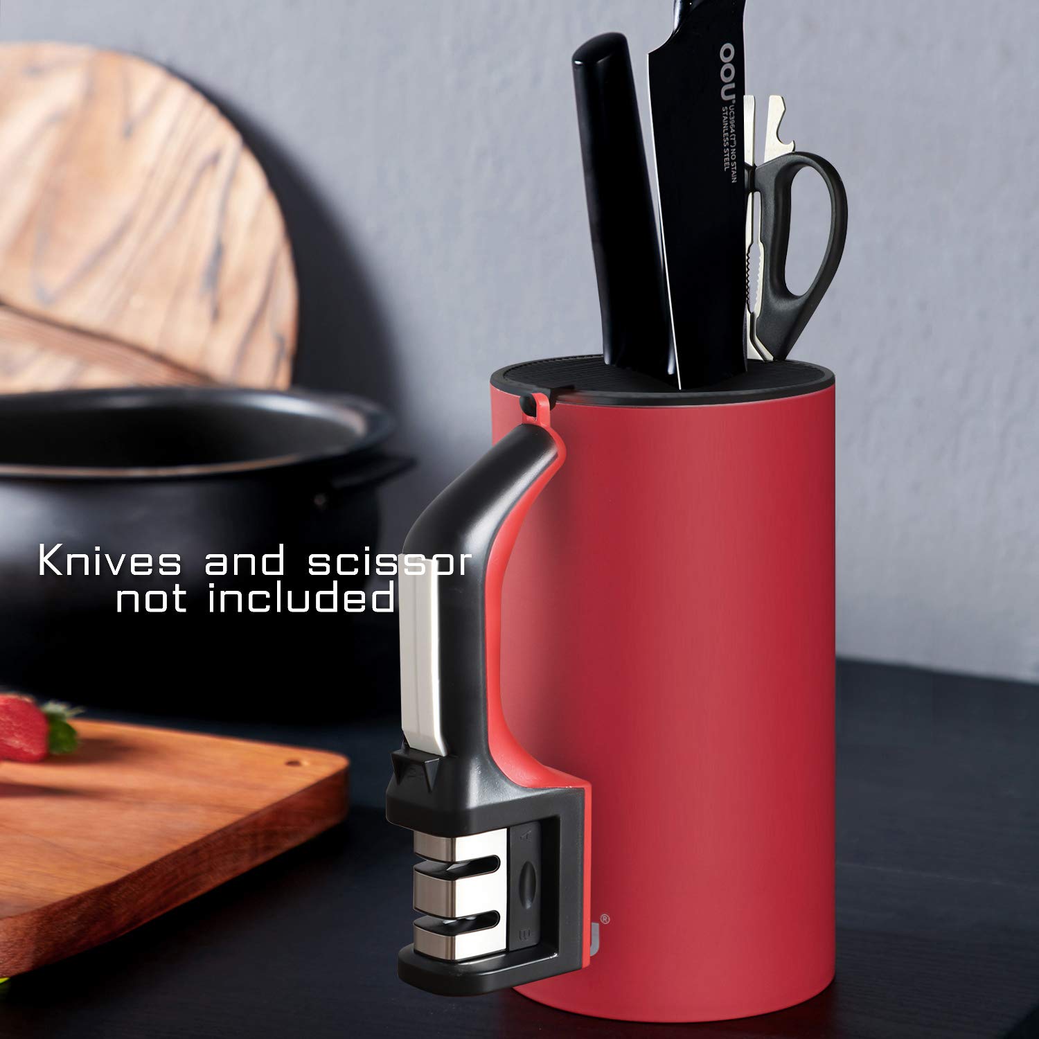 OOU Universal Knife Block Holder - Round Kitchen Knife Storage Unique Slot Design to Protect Blades, Space Saver Knife Organizer Detachable for Easy Cleaning, Red