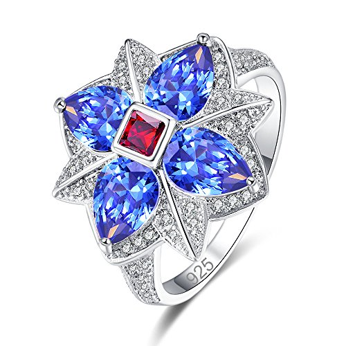 Psiroy 925 Sterling Silver Plated Created Blue Topaz Filled Pear Cut Flower Knuckle Statement Ring for Women Size 7