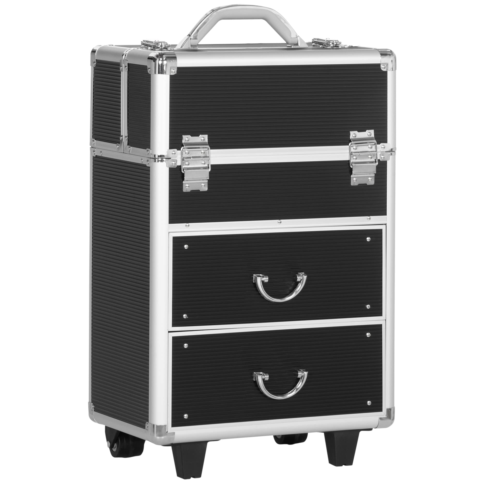 Professional Rolling Full Makeup Travel Train Case, Large Storage Cosmetic Trolley with Folding Trays, Drawer and Locks, Silver