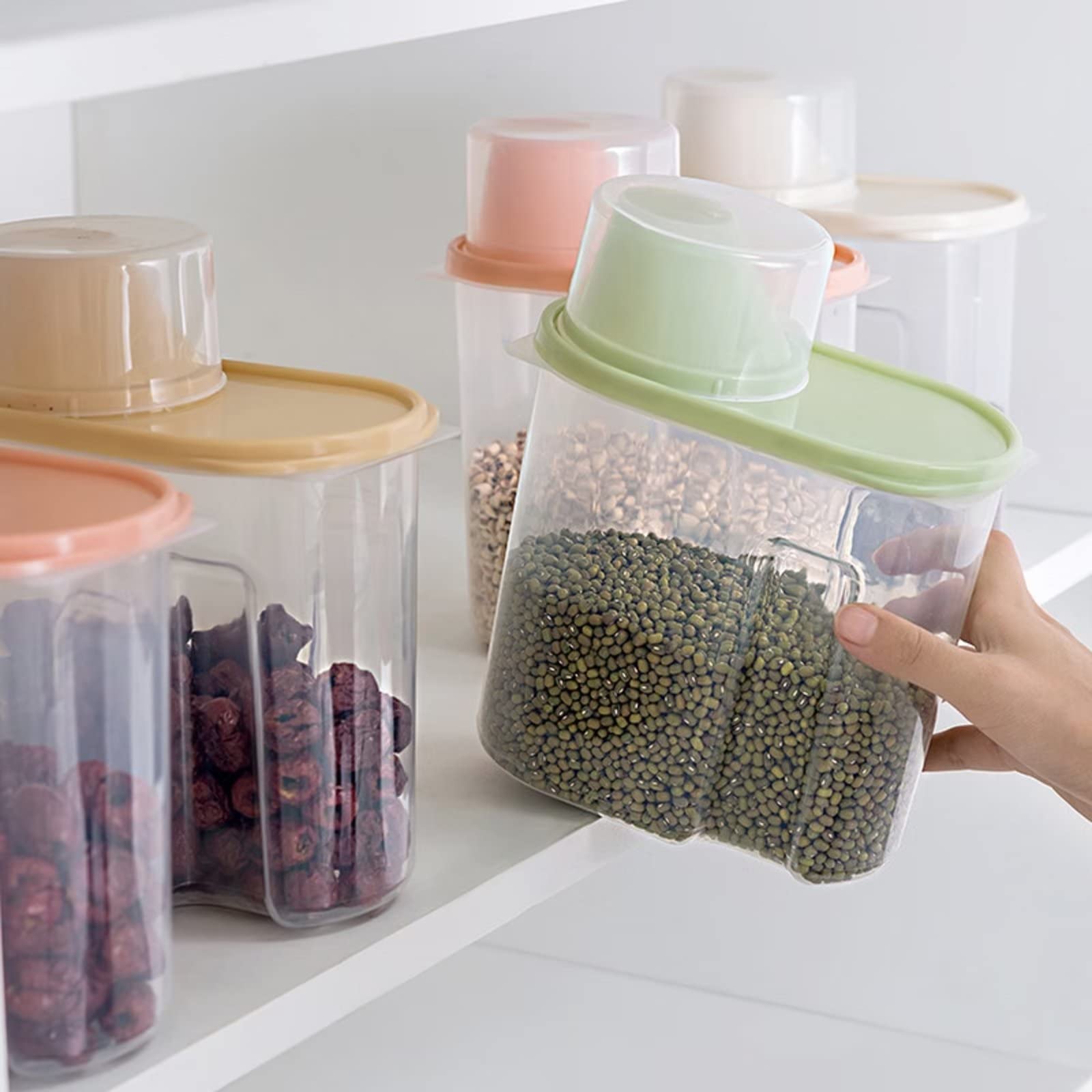 Typutomi 2pcs Rice Storage Bin, 1.9L Cereal Storage Container Food Airtight Container with Pouring Spout abd Measuring Cup for Oatmeal, Grain, Pasta, Flour, Dog Cat Food Canister(Blue&Green)
