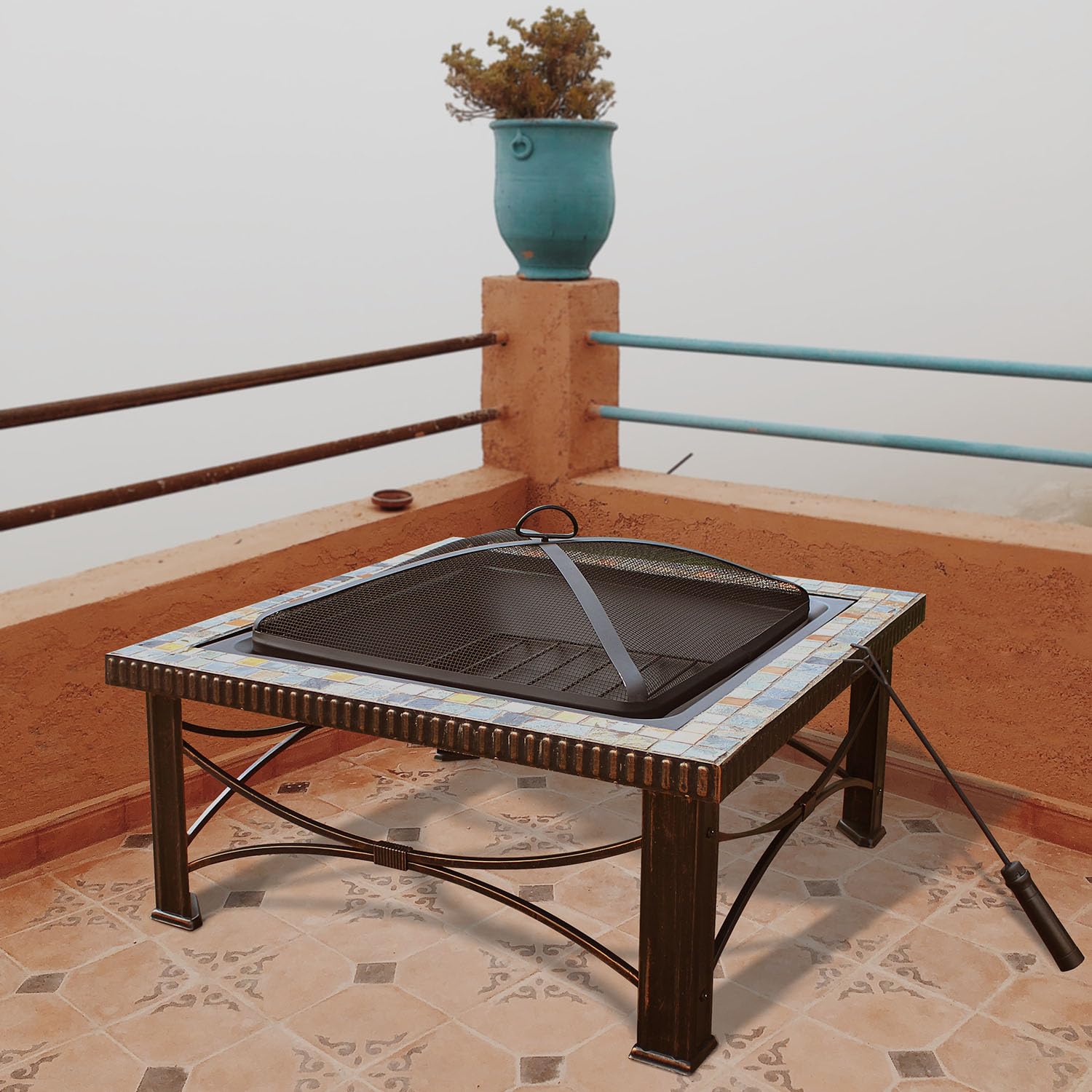 OutVue 30 inch Fire Pits Table for Outside with Real Slate, Wood Burning Outdoor Fire Pit with Waterproof Cover & Fire Poker& Log Grate& Spark Screen, Square Fireplaces for Camping,Patio,Bonfire