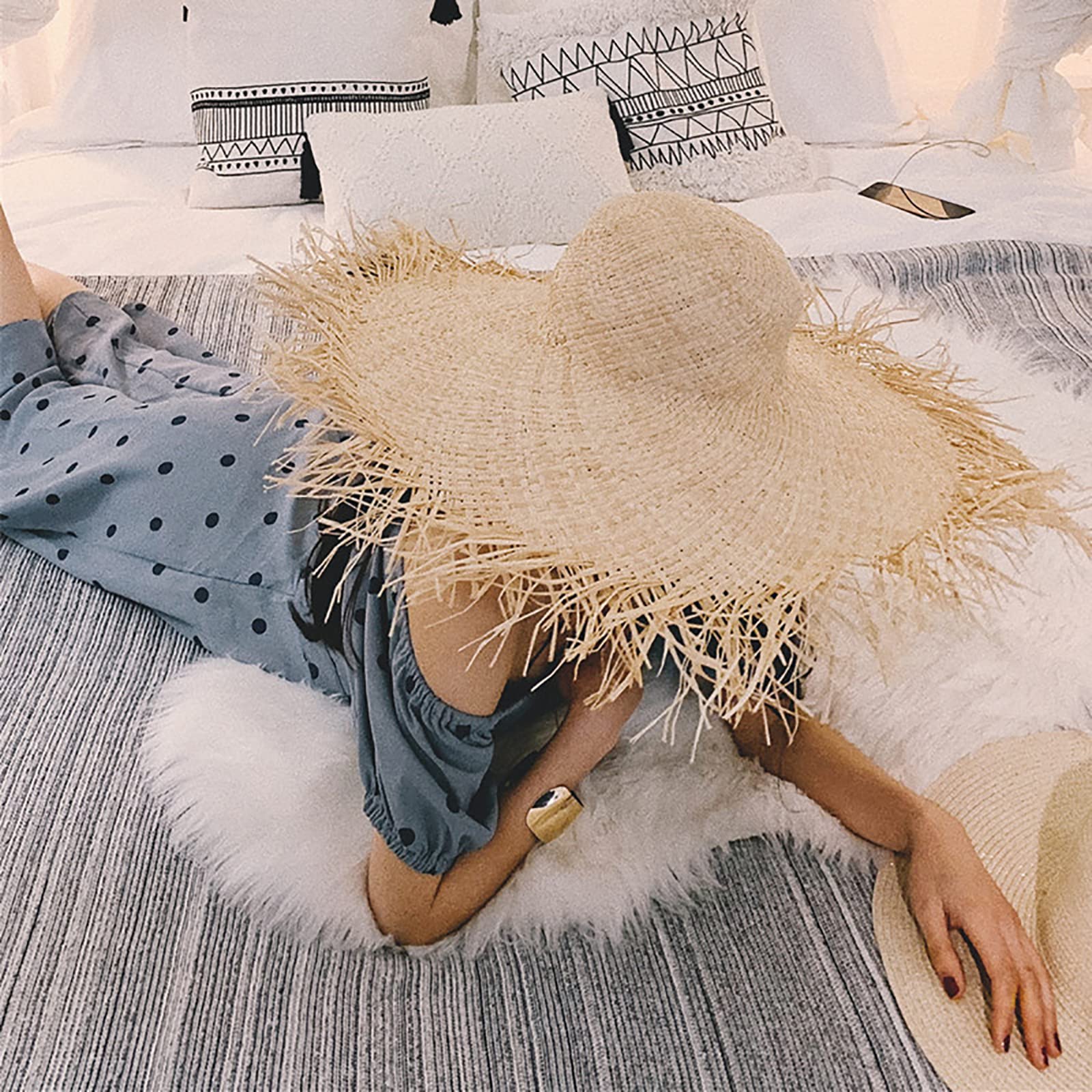 Womens Beach Sun Straw Hat Summer UV Sun Hat Wide Brim Fringe Beach Hat Boho Floppy Hat Fishing Cap (Khaki)