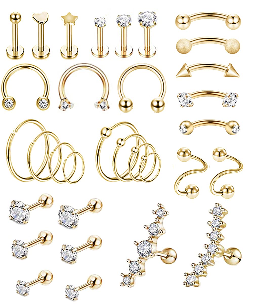 REVOLIA 32Pcs Stainless Steel Cartilage Stud Earrings for Women Conch Helix Tragus Daith Conch Hoop Earing Piercing Jewelry Set Gold