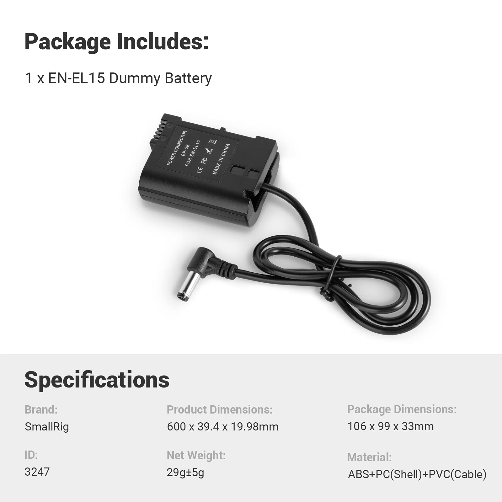 SmallRig Male Port Decoded DC Coupler EN-EL15 Dummy Battery for Nikon Cameras - 3247