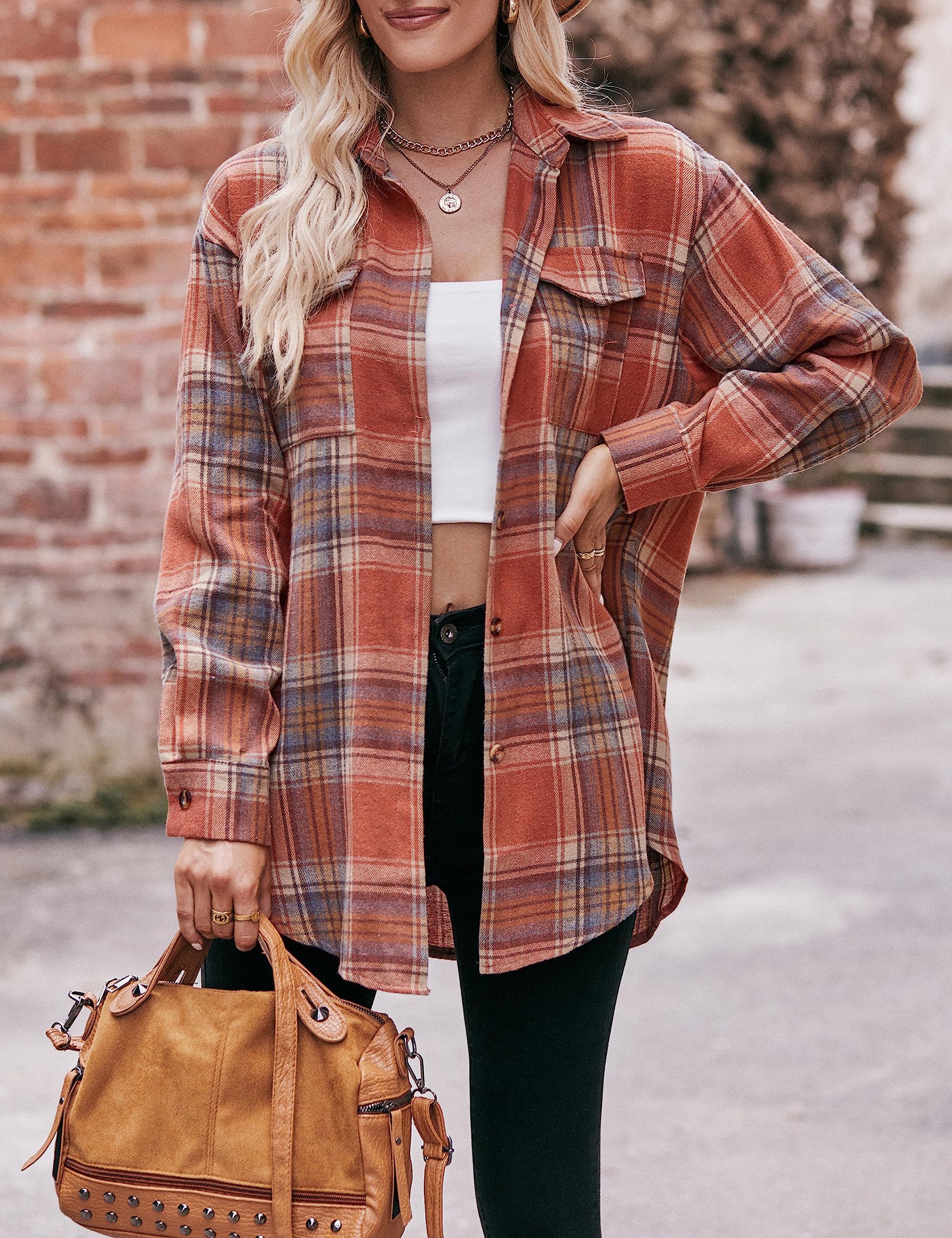 Oulivey Women Plaid Flannel Shirts Long Sleeve Oversized Button Down Boyfriend Blouse Tops (0066-Brown-XL)