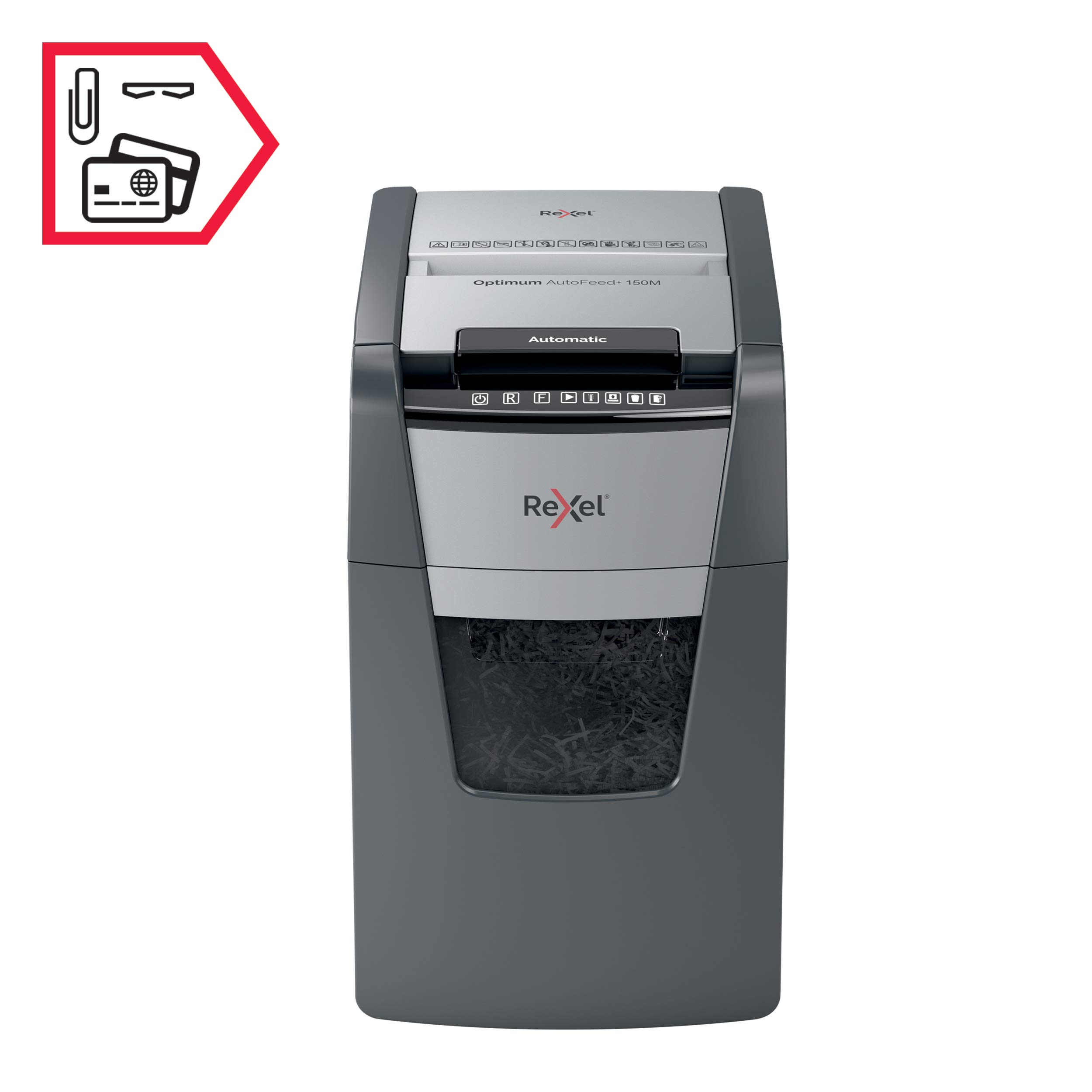 Rexel Optimum Auto Feed+ 150 Sheet Automatic Micro Cut Paper Shredder, P-5 Security, Small Office Use, 44 litre Removable Bin, 2020150M