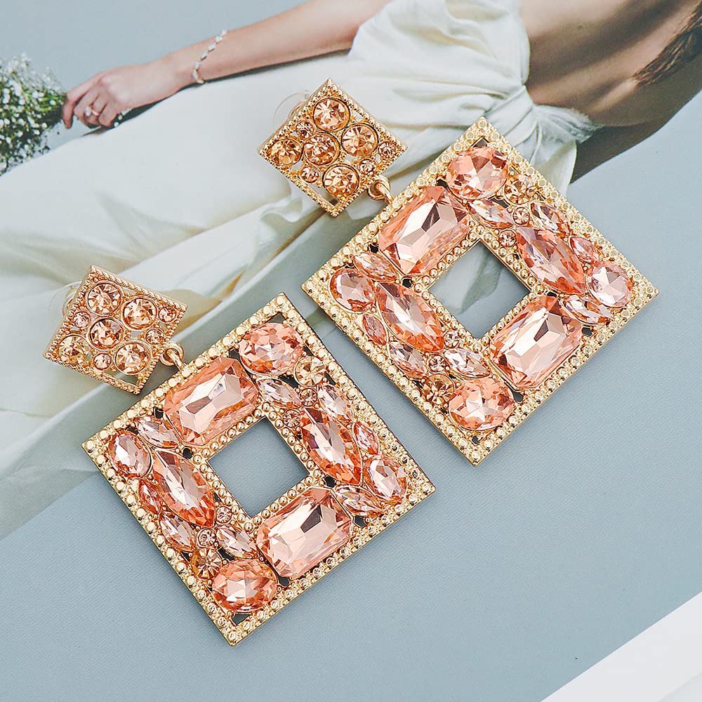 Rhinestone Square Zinc Dangle Earrings For Women Sparkly Crystal Geometric Drop Statement Earrings Juran Green Collection (Multicolour)