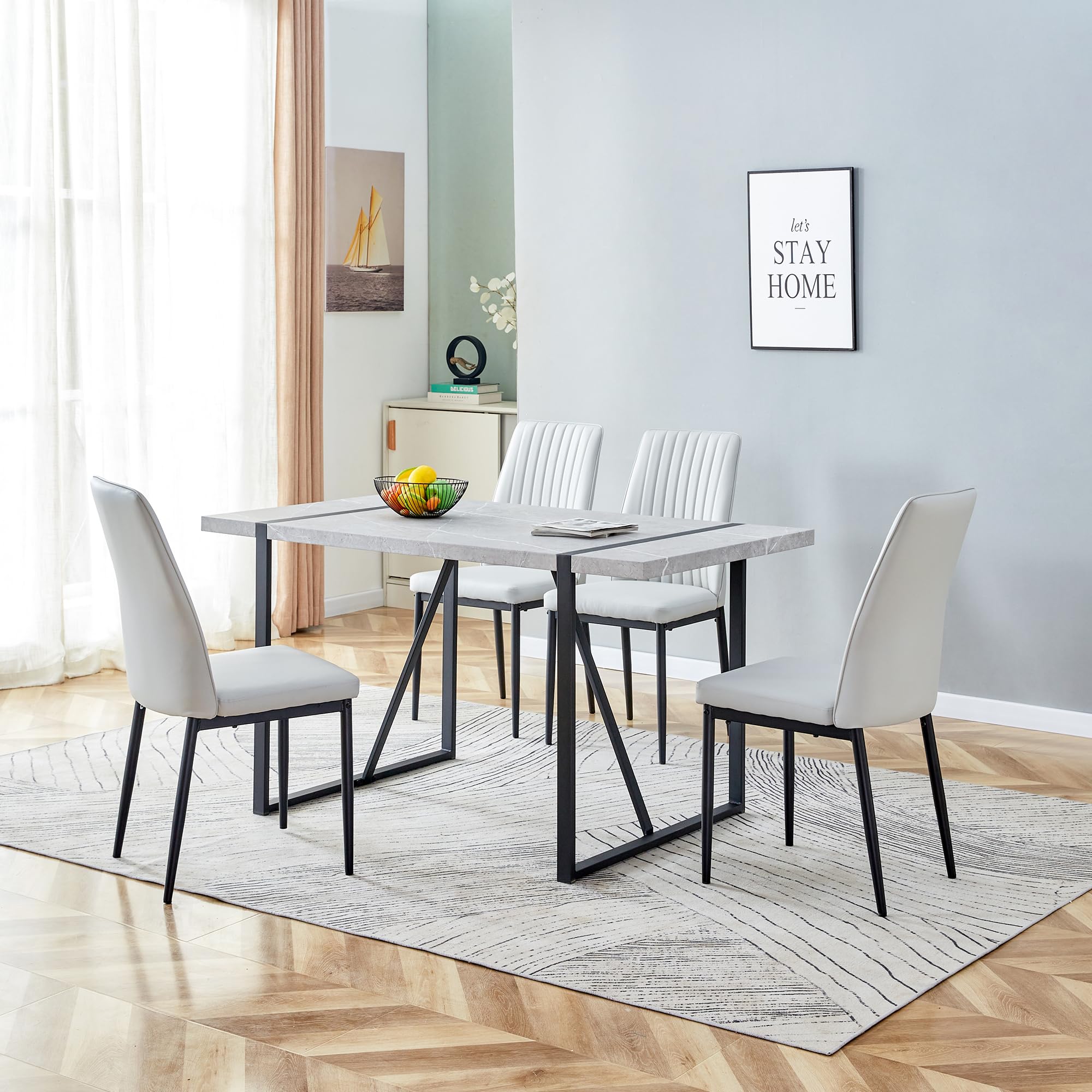 Pvillez 55.1" Modern Dining Table Set for 4, Rectangular Kitchen Table and Chairs Set for 4, Wooden Dining Table with 4pcs Upholstered Dining Chairs, 5 Piece Dining Room Table Set