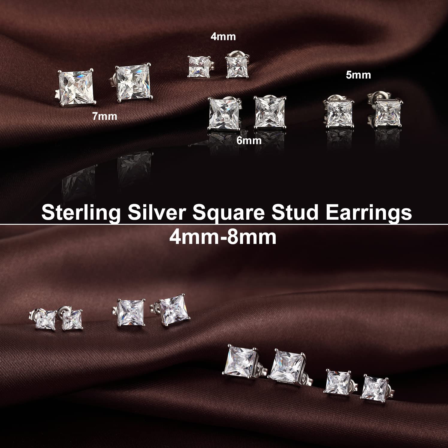 Princess Cut Earrings Square Diamond Silver Earrings Sterling Silver Square Stud Earrings Princess Cut Cubic Zirconia Diamond Stud Earrings Square Stud Earrings for Women Princess Cut Silver Earrings