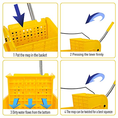WTXX 5.28 Gallon Rolling Cleaning Mop Bucket Commercial Restaurant with Down Press Wringer ,Removable Side Press Wringer Design (Yellow), 23.5 inches L x 10.75 inches W x 27.5 inches H