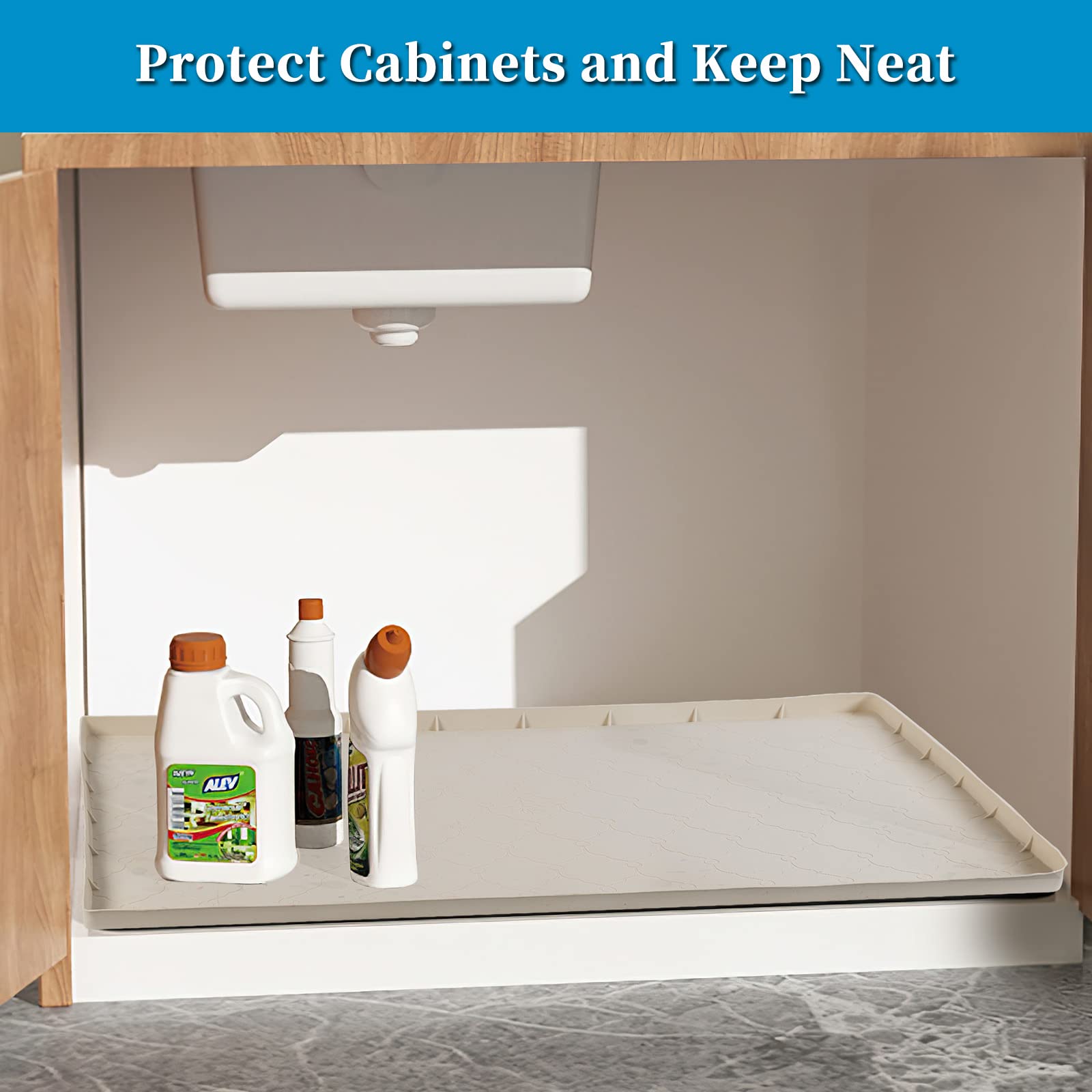 Under Sink Mat for Kitchen Waterproof, 34" x 22" Undersink Mats for Bottom of Bathroom Sink with Drain Hole, Waterproof Kitchen Bathroom Under Sink Tray and Protector for Drips Leaks Spills, Beige