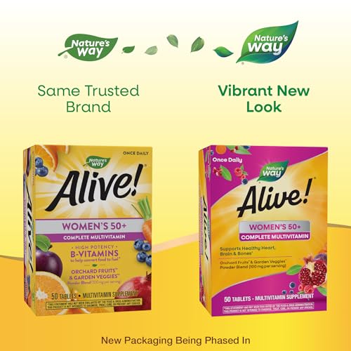 Nature's Way Alive! Women's 50+ Complete Multivitamin, Supports Healthy Heart, Brain, Bones*, B-Vitamins, Gluten-Free, 50 Tablets (Packaging May Vary)