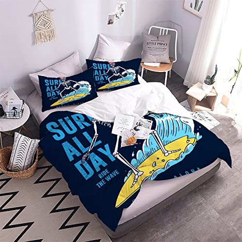 Quilt Cover Twin Size Skeleton 3D Bedding Sets Surfer Duvet Cover Breathable Hypoallergenic Stain Wrinkle Resistant Microfiber with Zipper Closure,beding Set with 2 Pillowcase