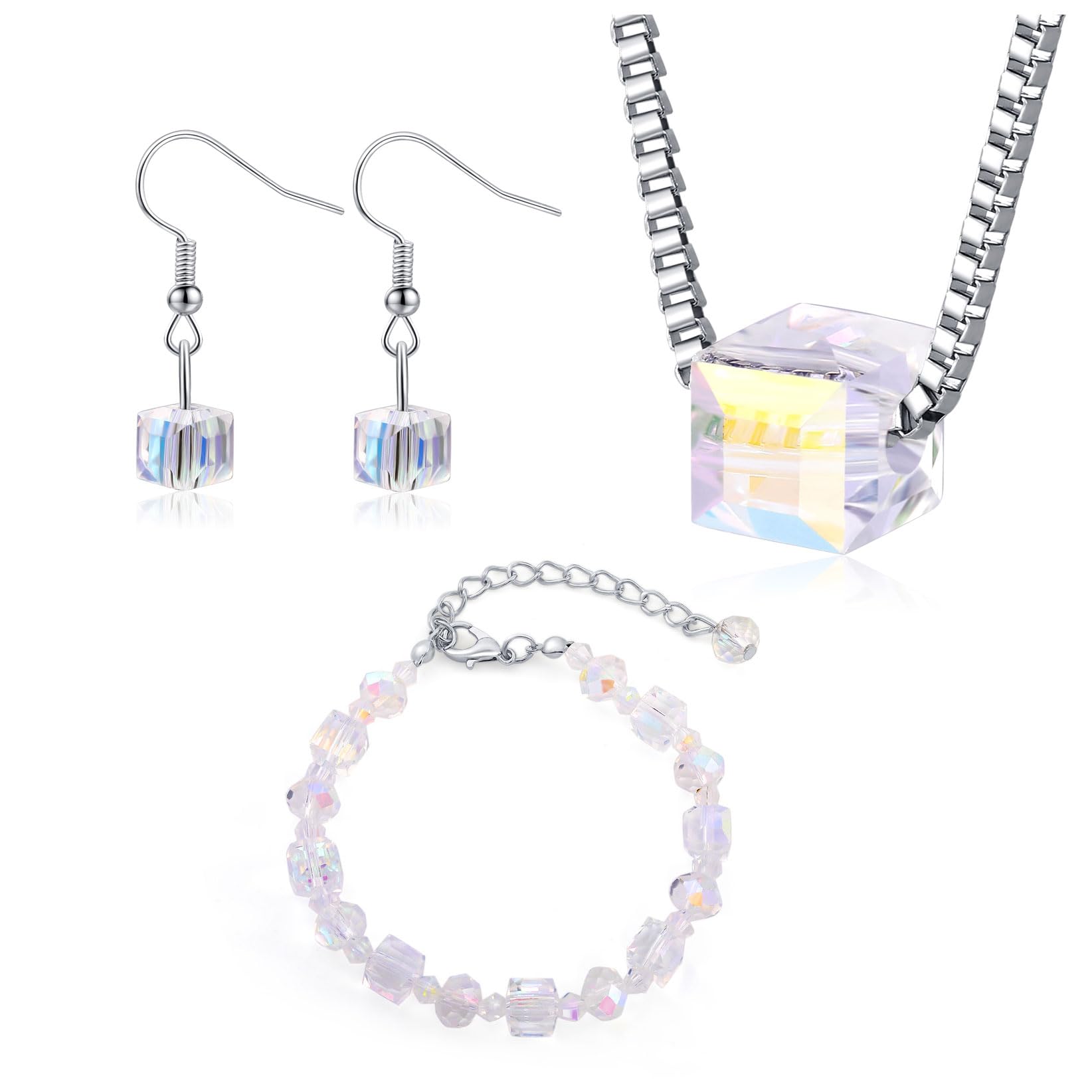 Txibikn 4 Pieces Fashion Colorful Starlight Crystal Rhinstone Pendant Necklace Earring Bracelet Jewelry Set for Women Lady Wedding Birthday Party