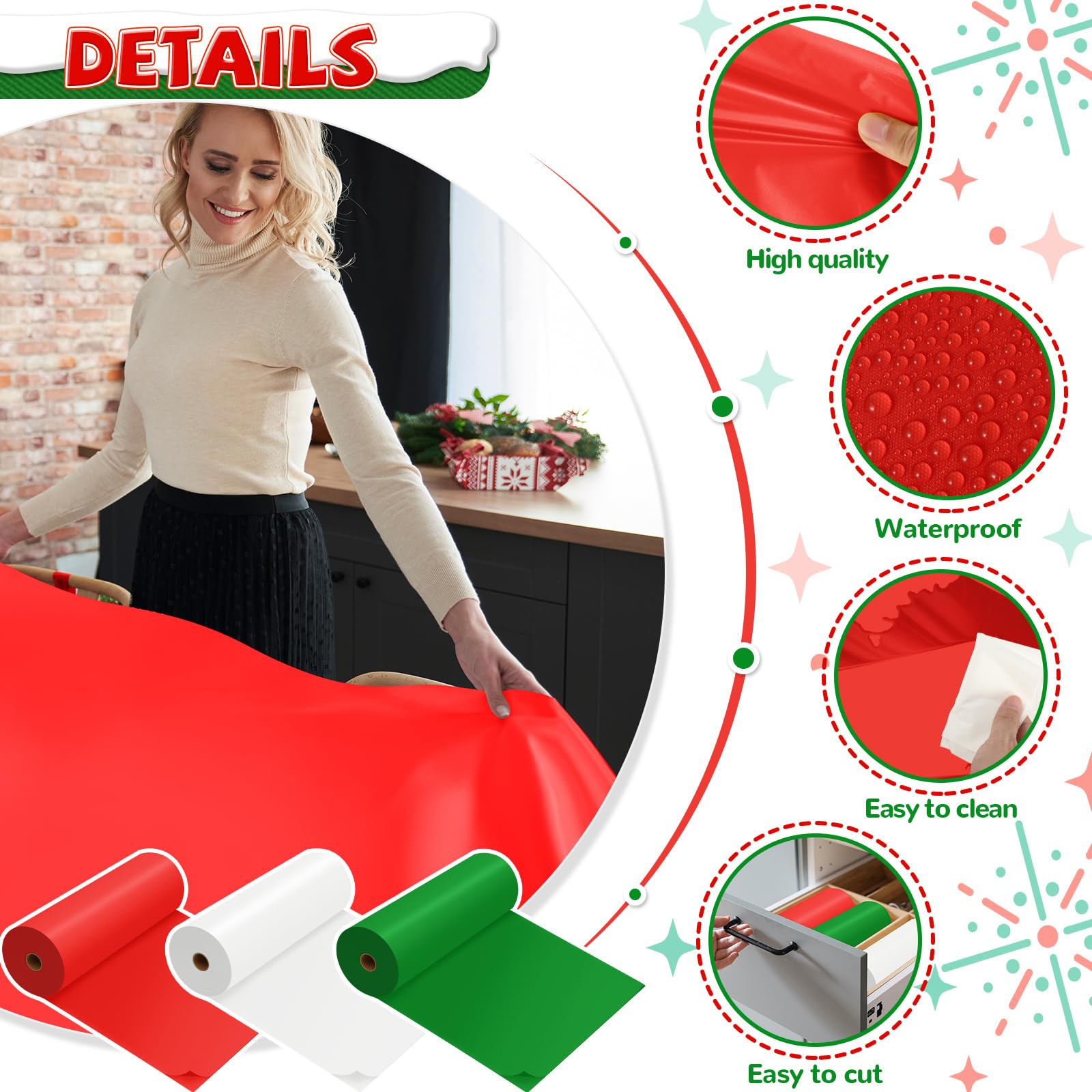 Preboun 3 Pcs Christmas Disposable Tablecloth Roll Plastic Table Cover Roll Table Cloth Rolls with Cutter Box for Christmas Parties and Decorations, Red, White, Green, 40" x 100'